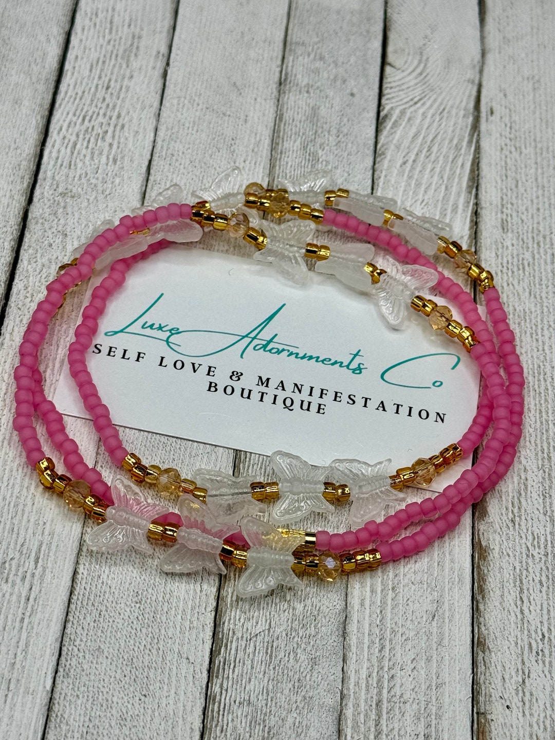 Pink and Gold Waist Beads Set W/glow in the Dark Butterflies - Stretch ...