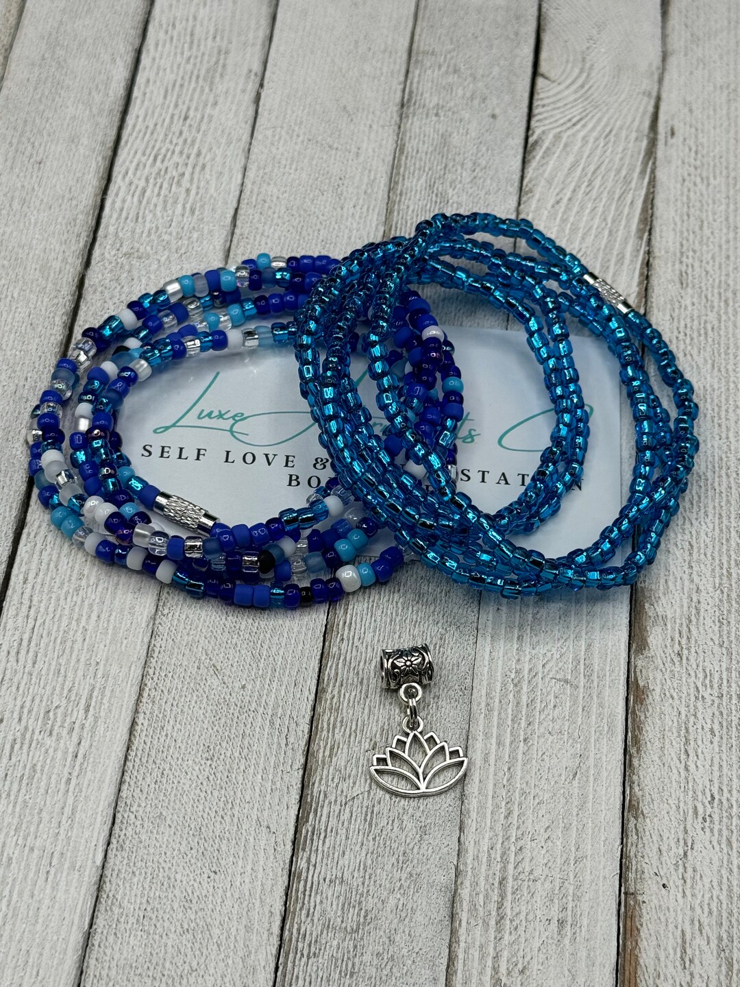 Blue Waist Beads Set W/lotus Charm - Boho Accessories - Stretch Waist ...