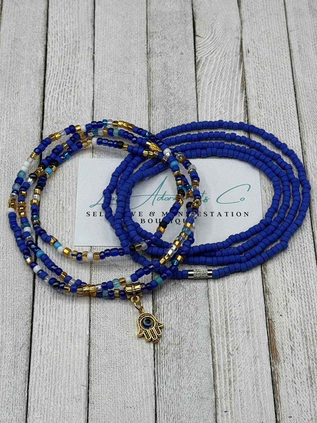 Blue & Gold Waist Beads Set - Stretch Belly Chain W/hamsa Charm + Clasp ...