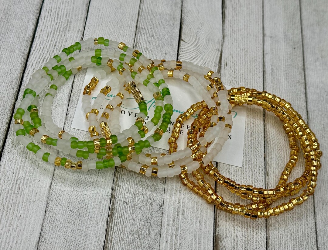 Waist Bead Set (3)- Stretch Waist Beads W/ Clasp - Green | Gold | White ...