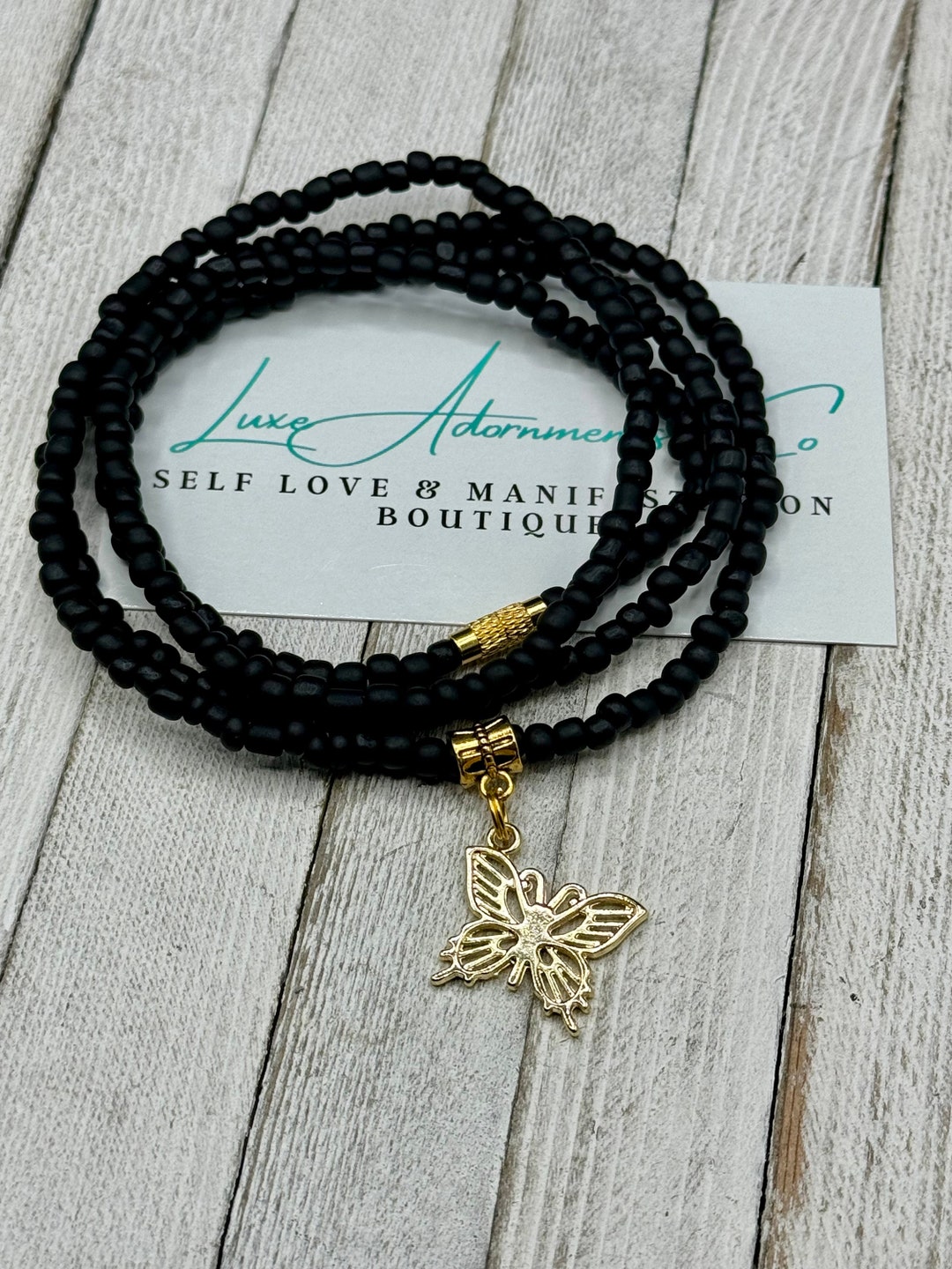 Matte Black African Waist Beads Set W/gold Butterfly Charm - Stretch ...