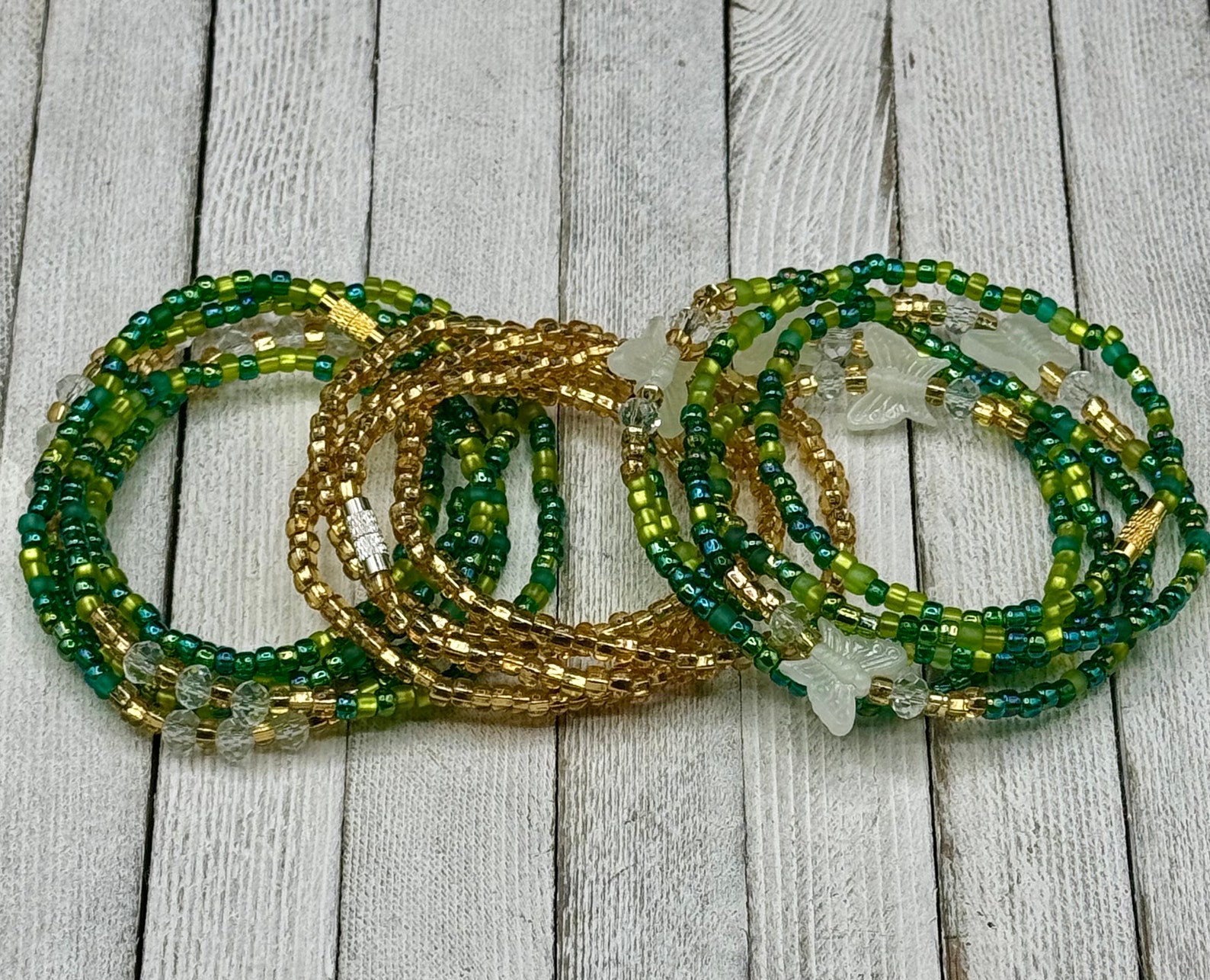 Green & Gold Waist Beads Set(3) W/glowing Butterflies - Money ...