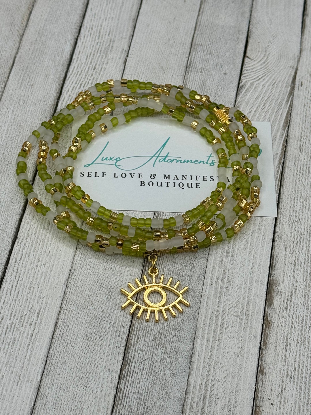NEW! Evil Eye Waist Bead - Green + Gold Stretch Waist Beads W/clasp ...
