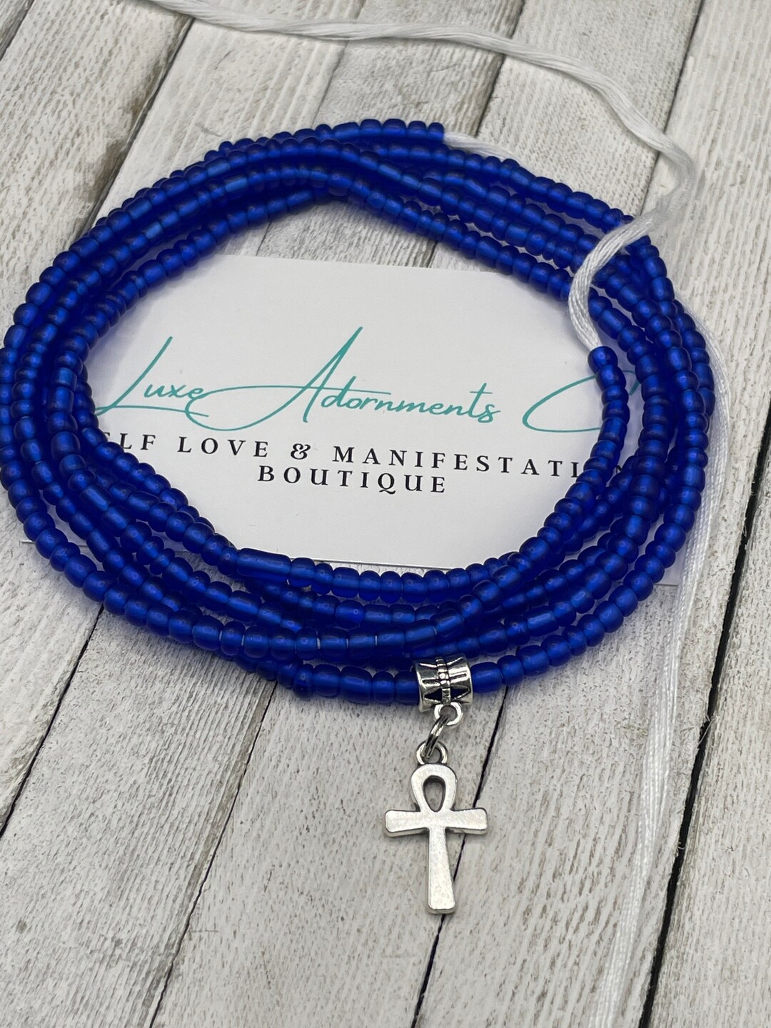 Indigo Blue Waist Beads W/silver Ankh Charm - Tie-on Belly Chain ...