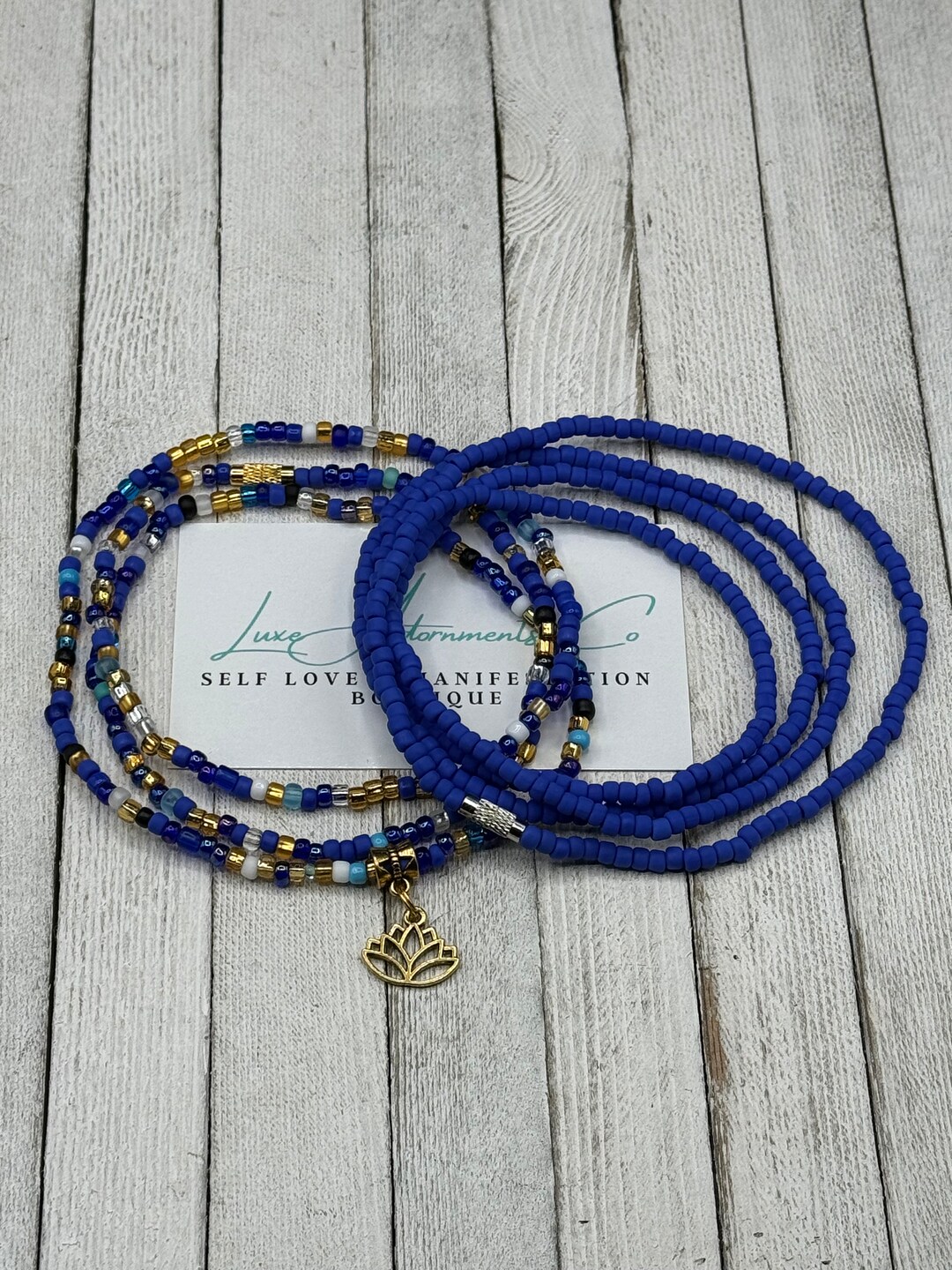 Blue + Gold Handmade Waist Beads Set W/lotus Charm - Stretch - Clasp ...
