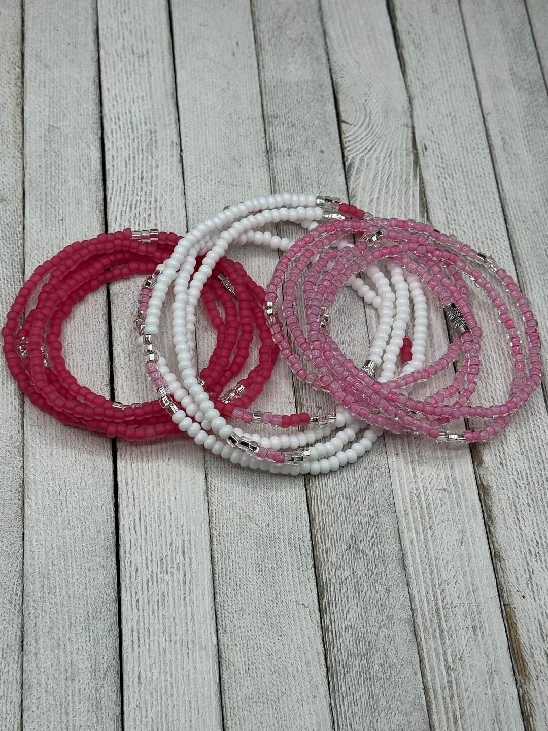 3 Waist Beads Set - Stretch W/clasp - Belly Chains Stack - White - Pink ...