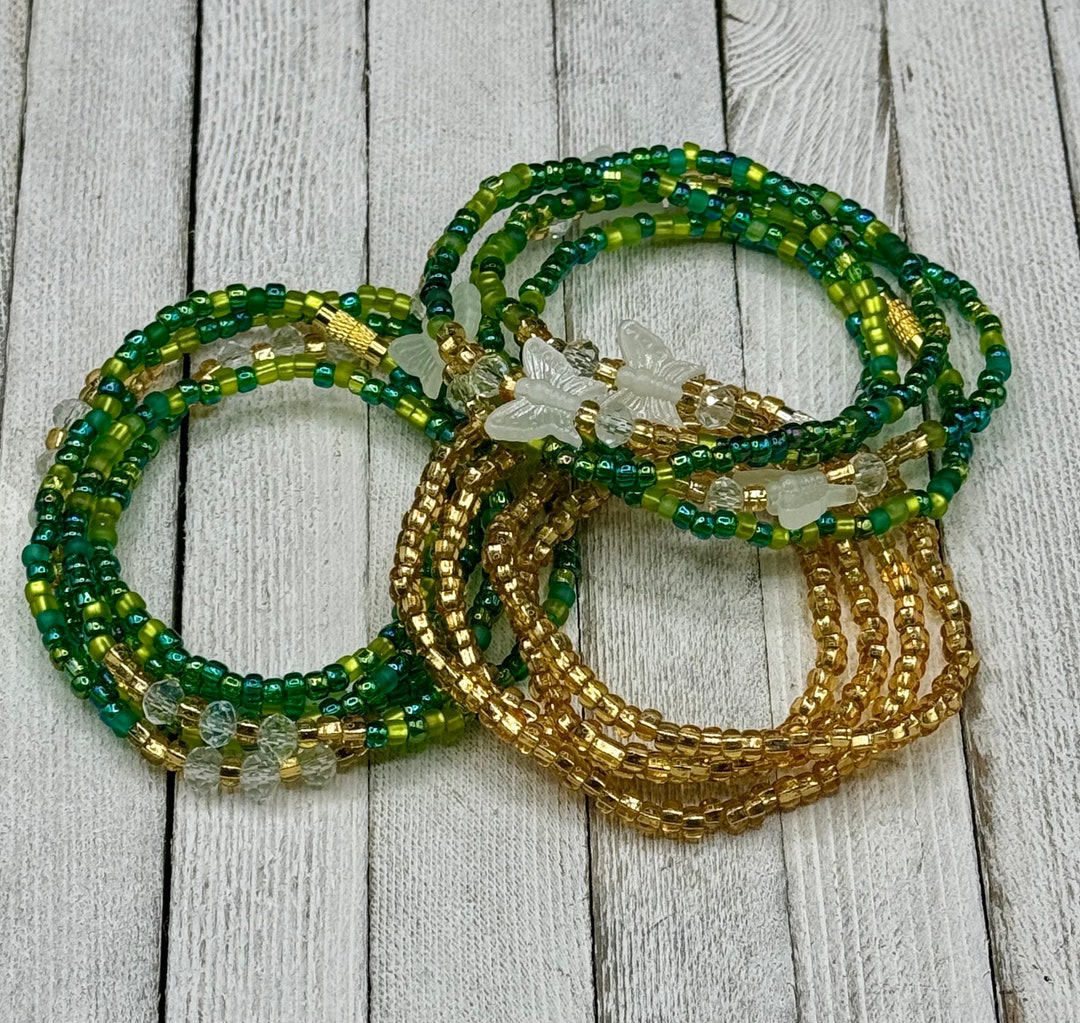 Green & Gold Waist Beads Set(3) W/glowing Butterflies - Money ...