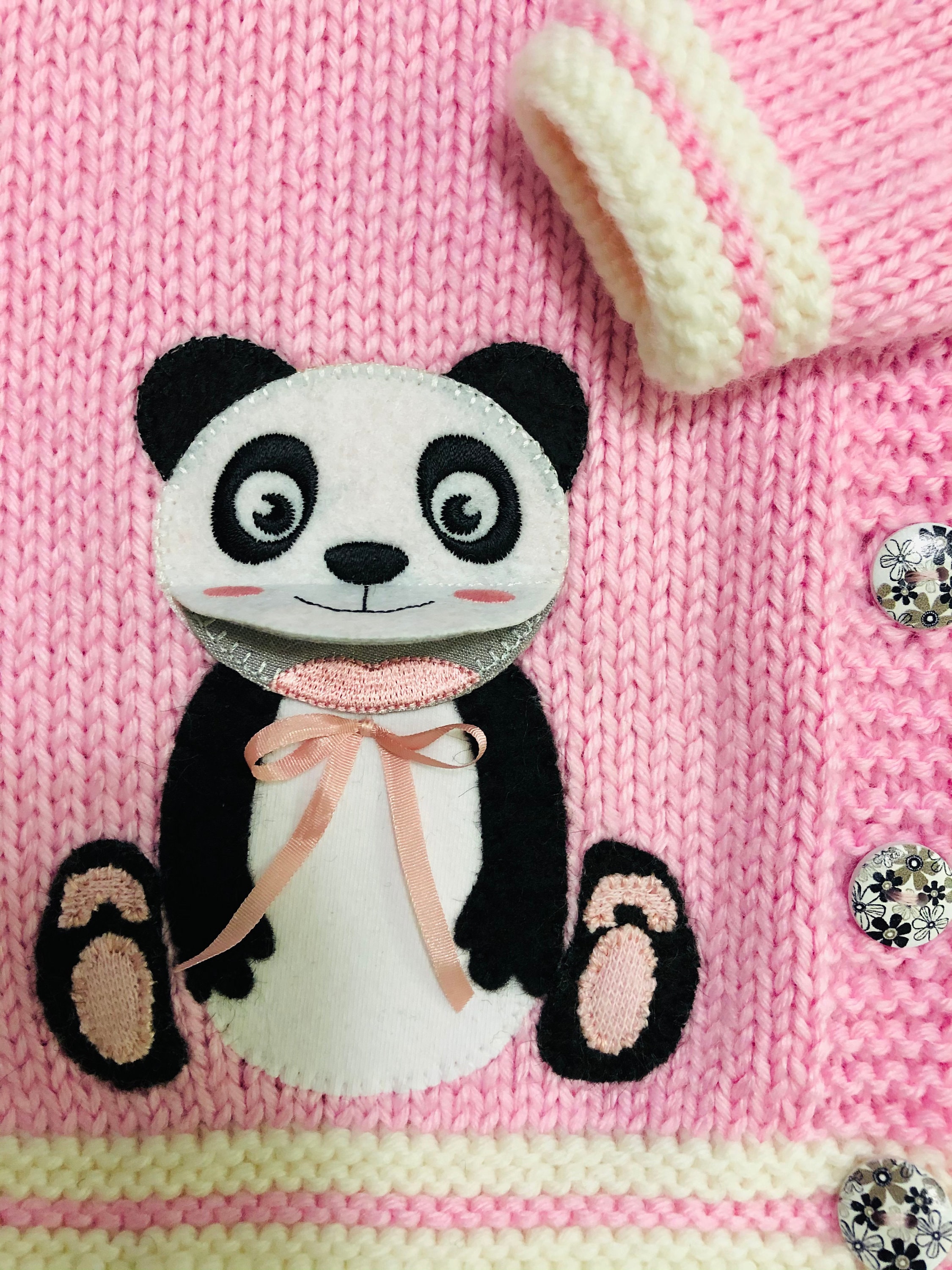 Girl, Pink, Hand Knit, Woollen Cardigan, Panda Applique, Size 2. - Etsy