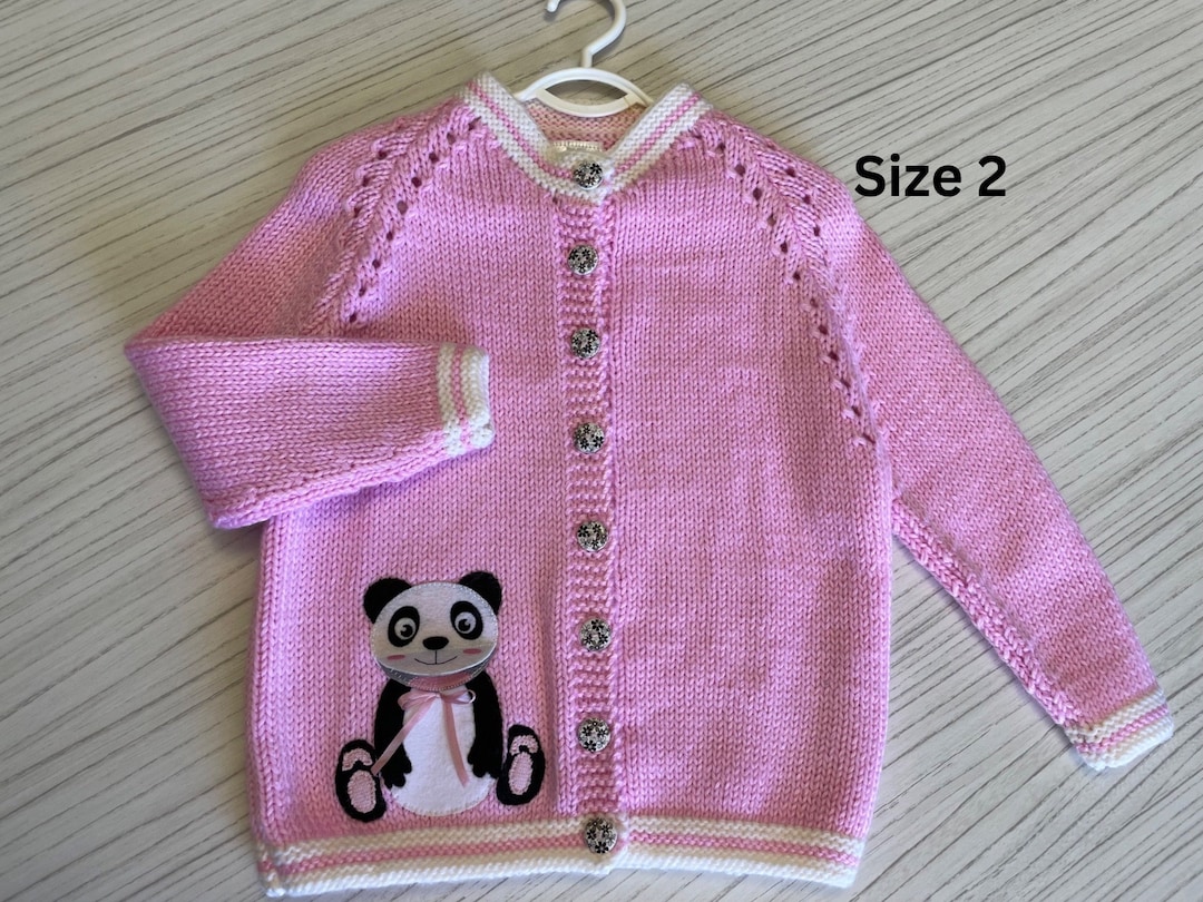 Girl, Pink, Hand Knit, Woollen Cardigan, Panda Applique, Size 2. - Etsy