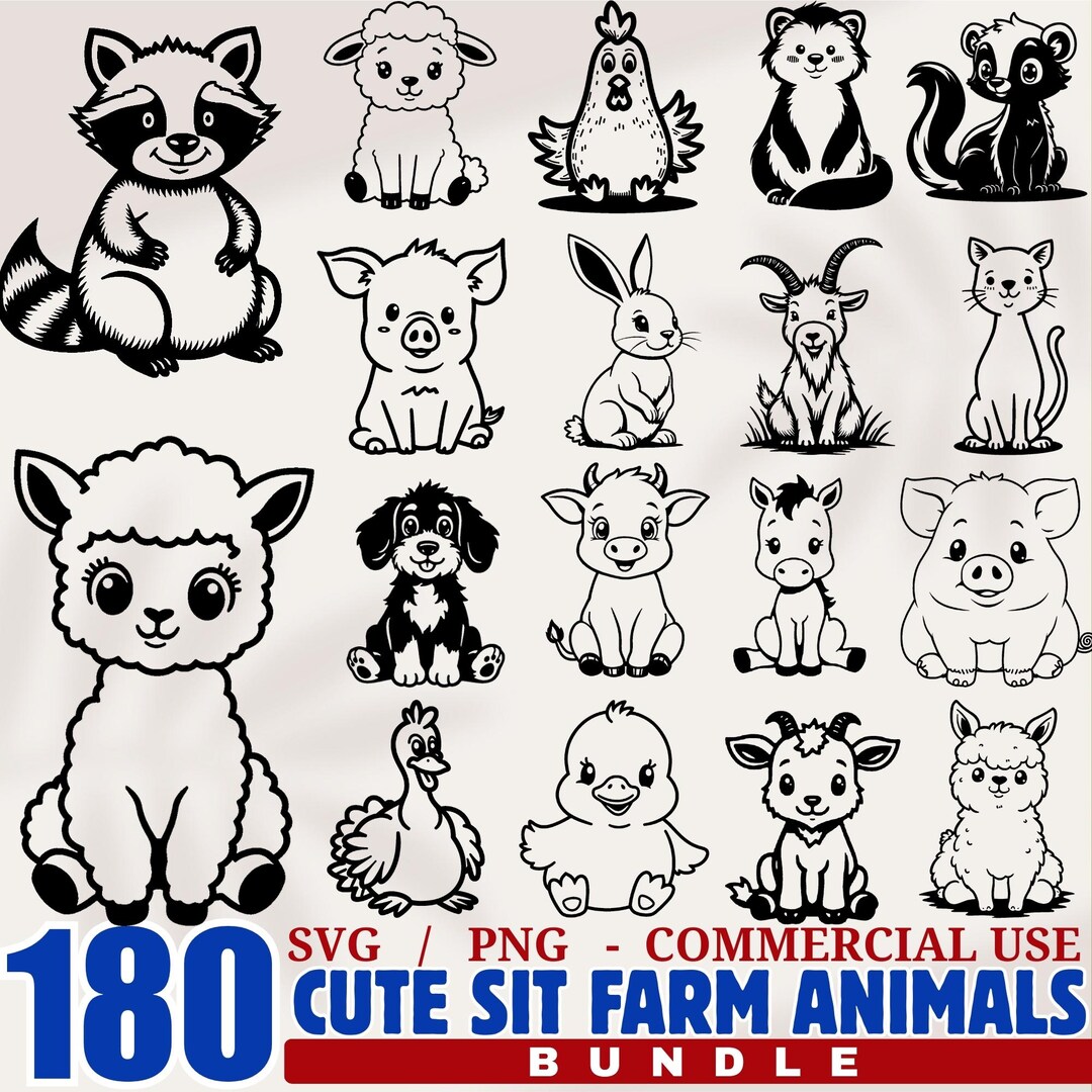 Cute Sitting Farm Animals Bundle SVG for Crafts, Shirts, Decals Instant ...