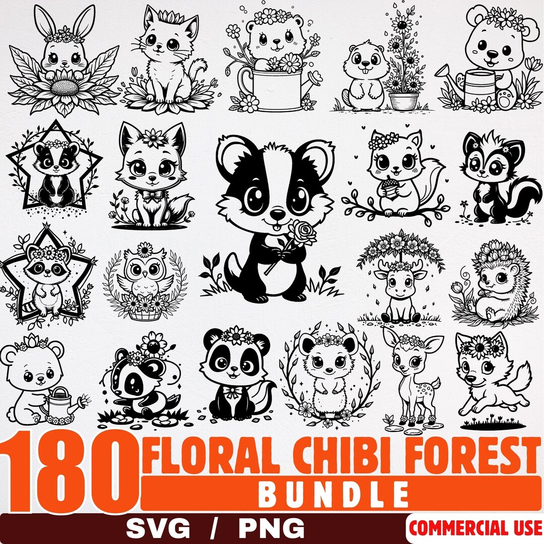 Floral Chibi Forest Animals Bundle Cute Woodland SVG Clipart for Crafts ...