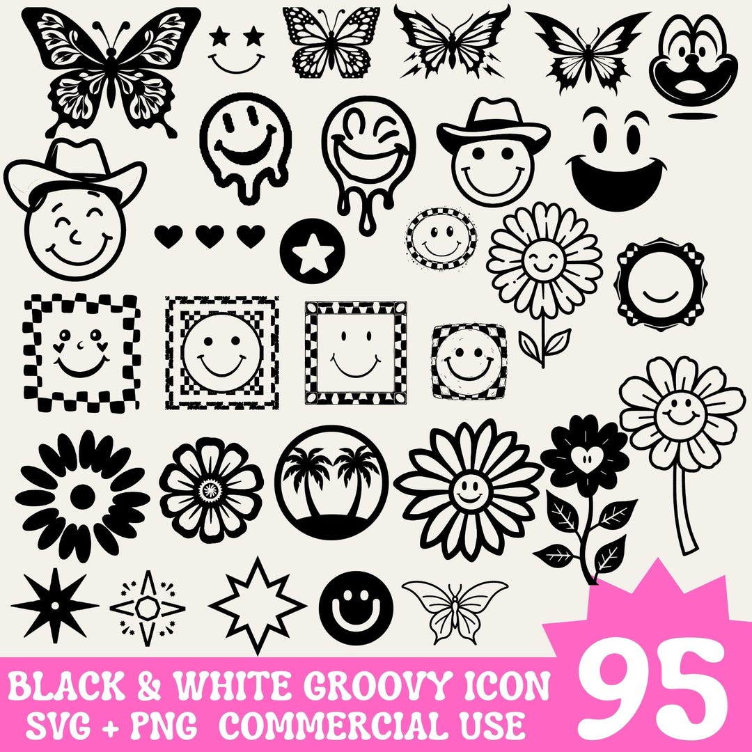 Groovy Icon Bundle: Black and White Retro Graphics (svg, Png, Pdf, Dxf ...