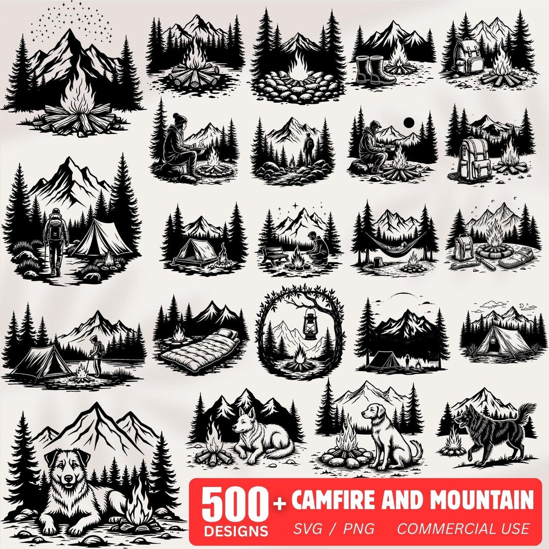 500+ Campfire and Mountain Bundle SVG Files for Cricut, Laser Engraving ...