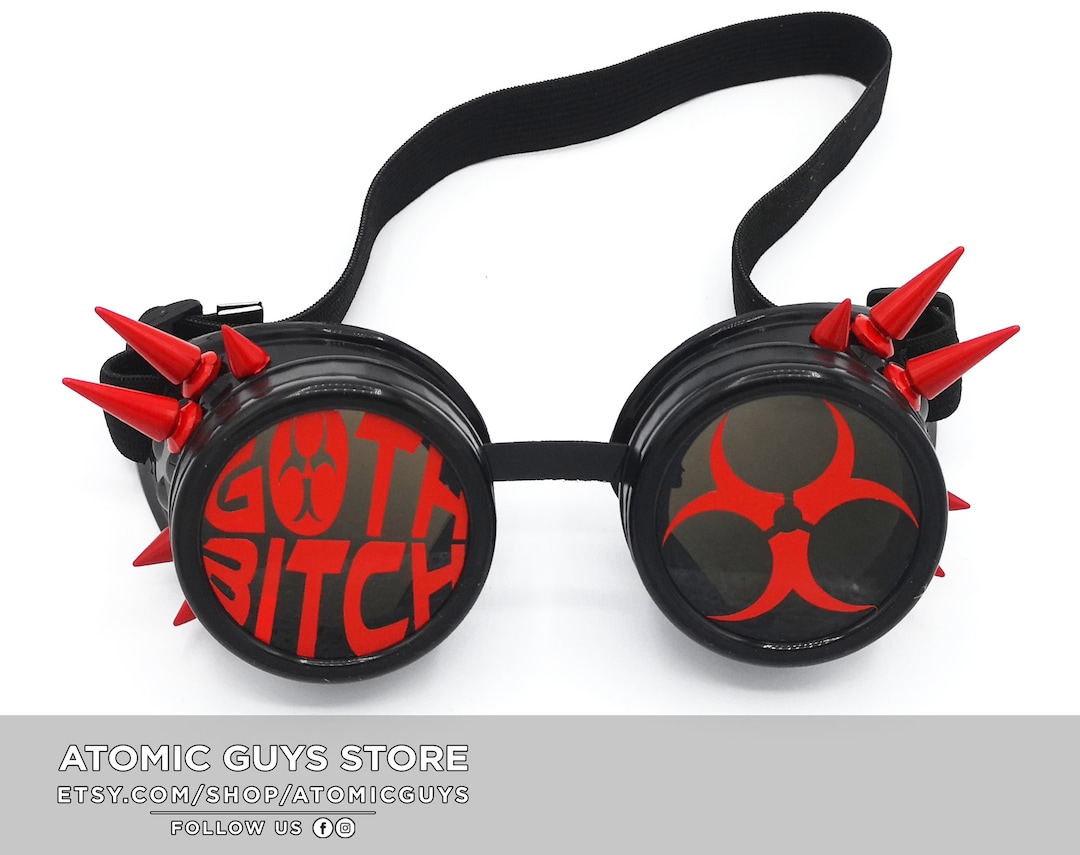Goth Bitch and Red Biohazard Goggles Eyeglasses Cosplay Cybergoth Cyber ...