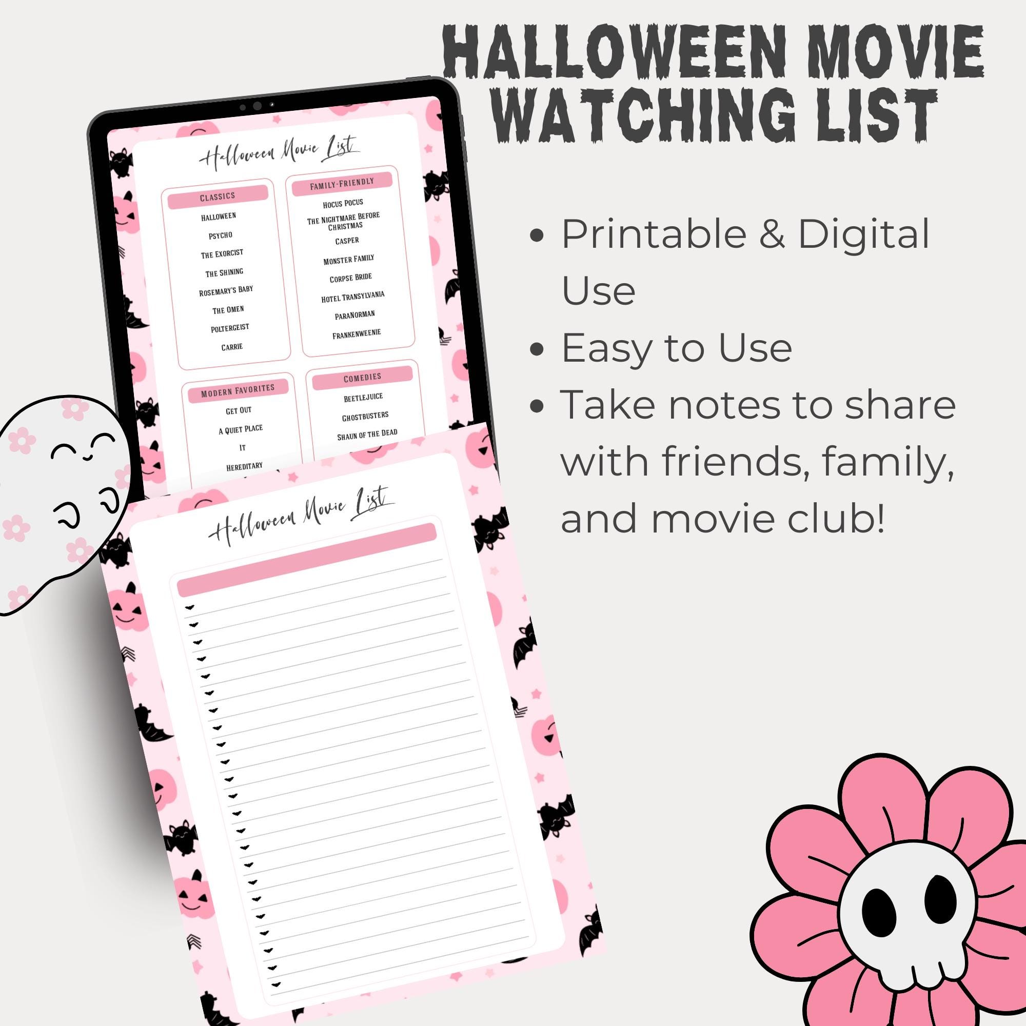 Pink Halloween Scary Movie List Printable | Halloween Classics ...