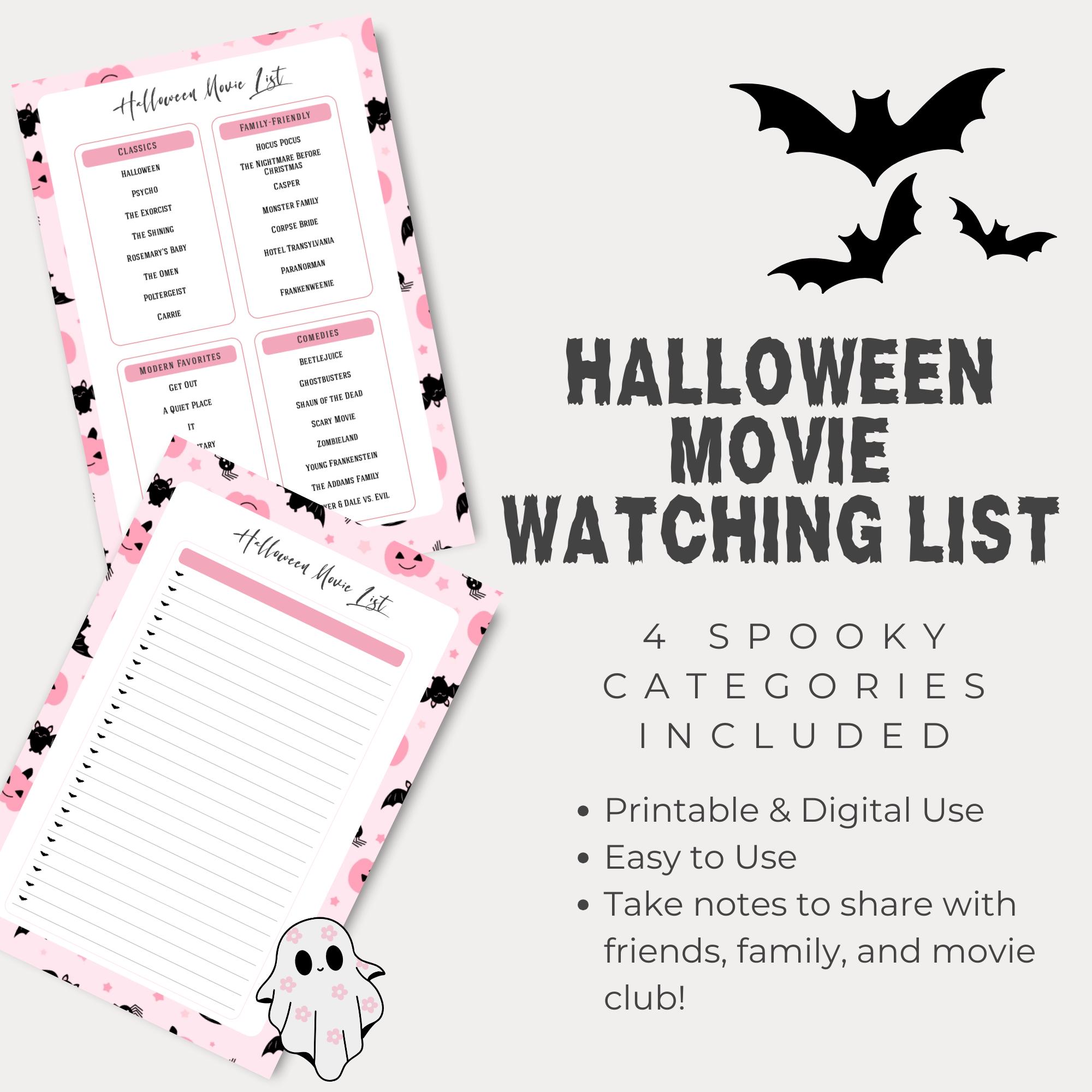 Pink Halloween Scary Movie List Printable | Halloween Classics ...