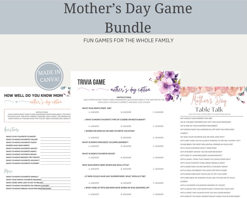 Mother's Day Game Bundle - Digital Download - Editable & Printable - Etsy
