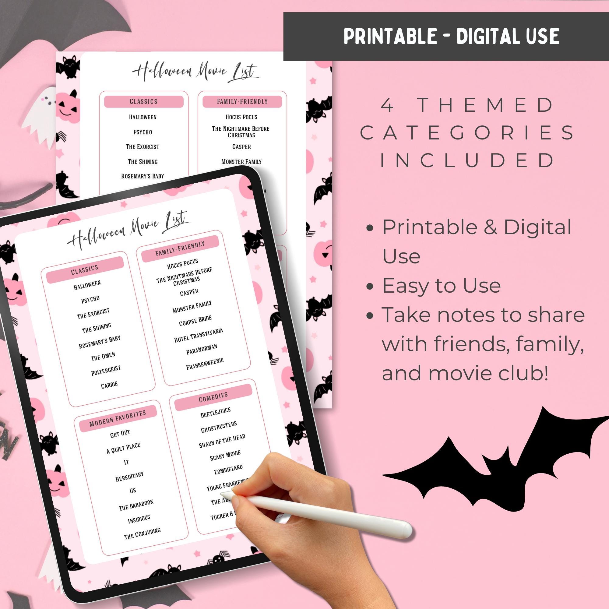 Pink Halloween Scary Movie List Printable | Halloween Classics ...