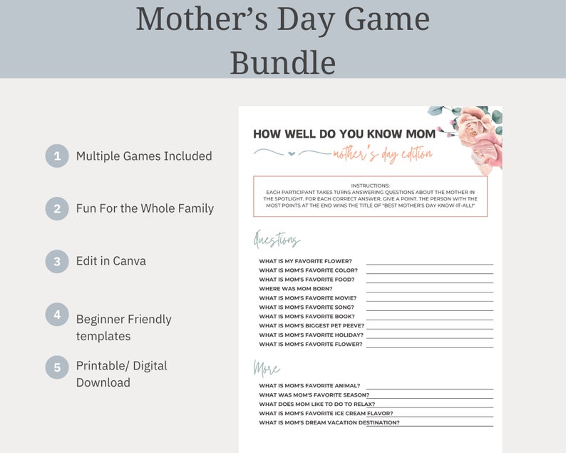 Mother's Day Game Bundle - Digital Download - Editable & Printable - Etsy