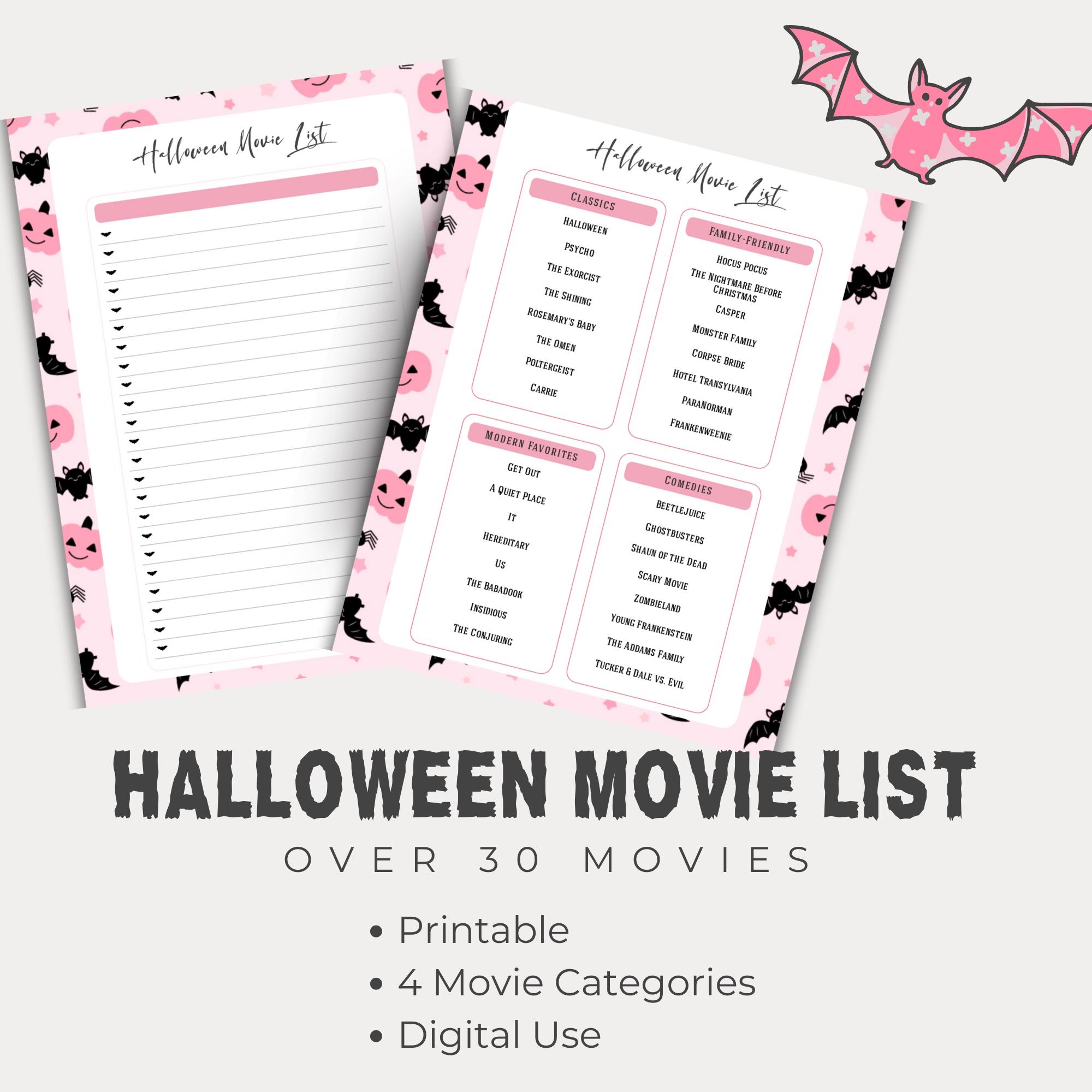 Pink Halloween Scary Movie List Printable | Halloween Classics ...