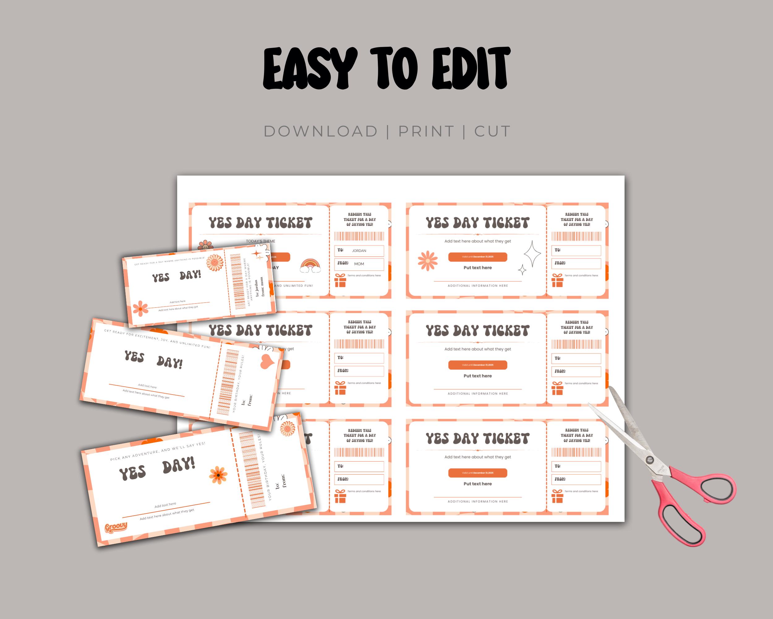 Yes Day Coupons | Printable Kids Activity Tickets | Fun Birthday Gift ...