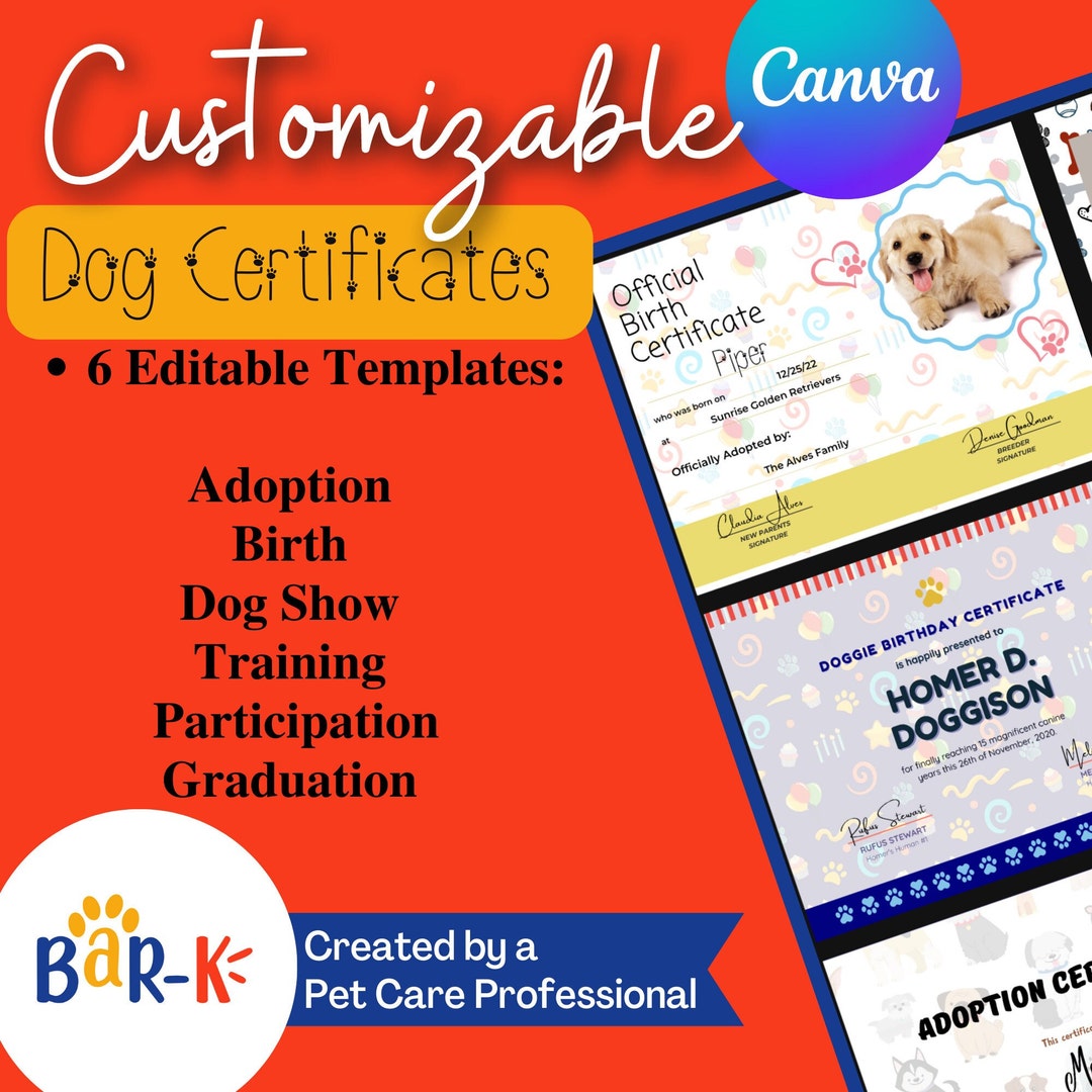 6 Customizable Printable Puppy Certificates - Dog Adoption, Dog ...
