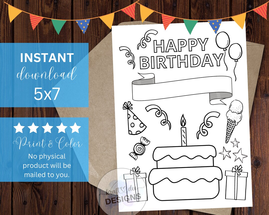 Printable Coloring Happy Birthday Card - Cake - Balloons - Party - Etsy