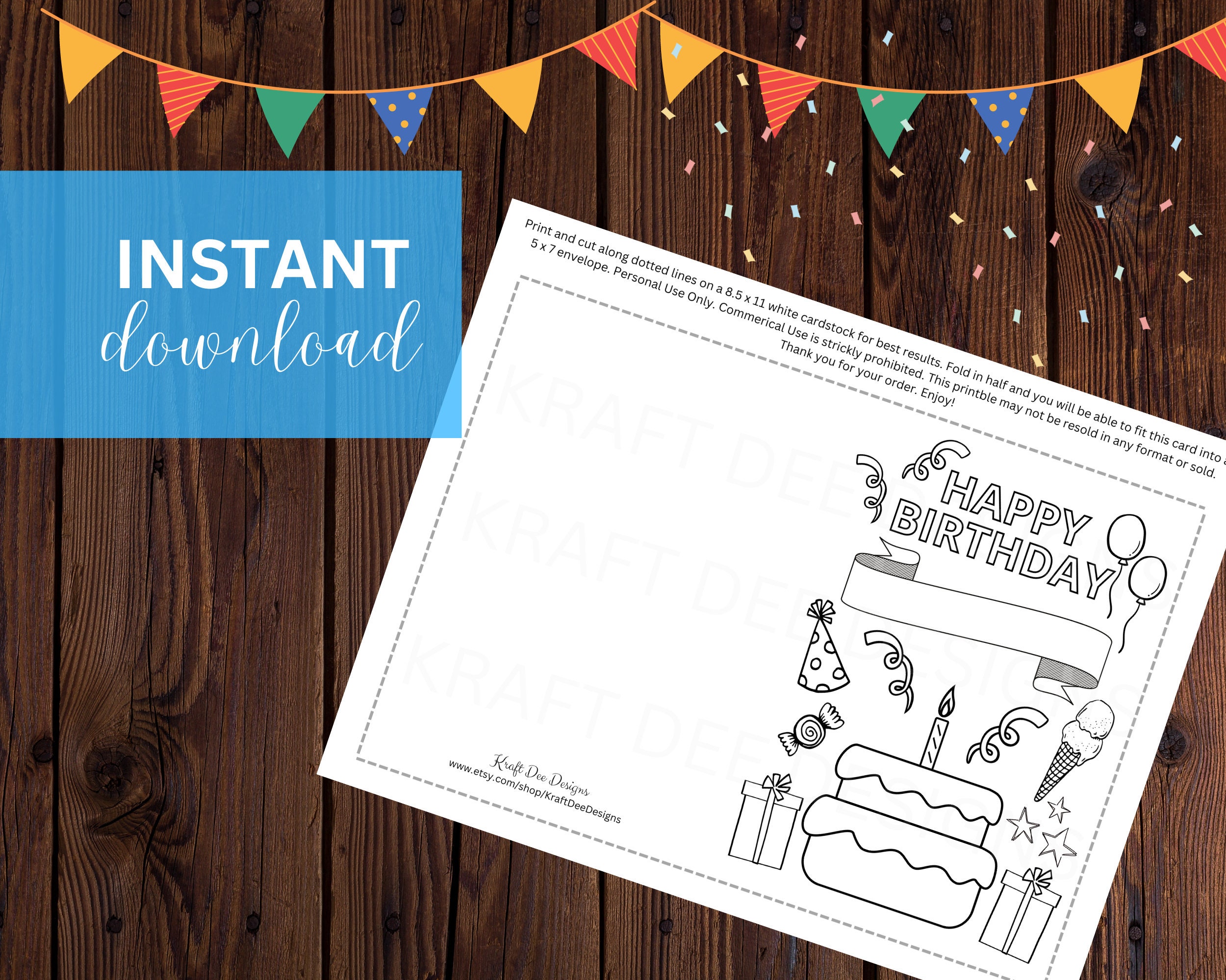 Printable Coloring Happy Birthday Card - Cake - Balloons - Party - Etsy