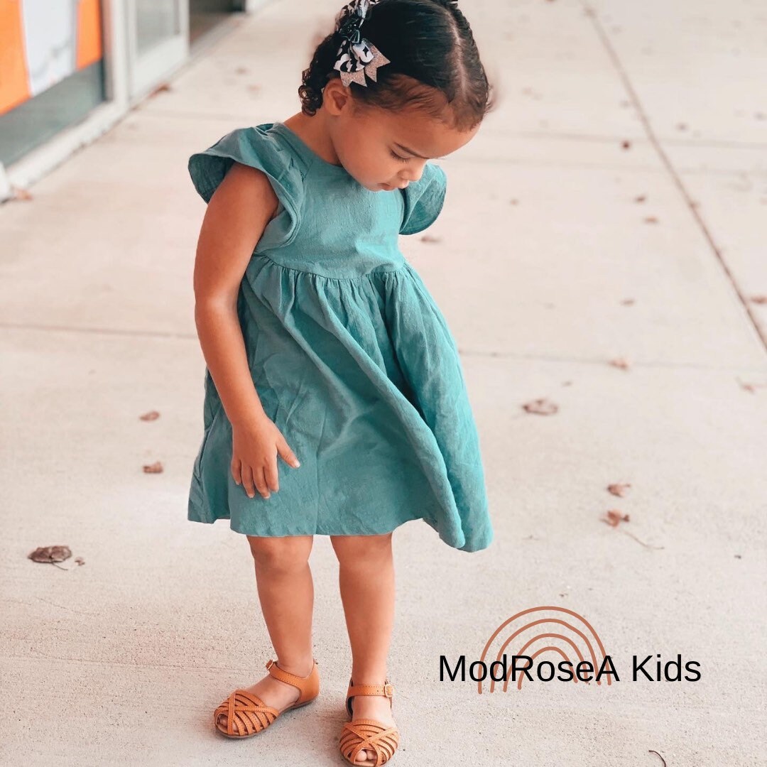 Toddler Girl Ruffle Sleeve Dress Blue Baby Girl Dress Blue Linen ...