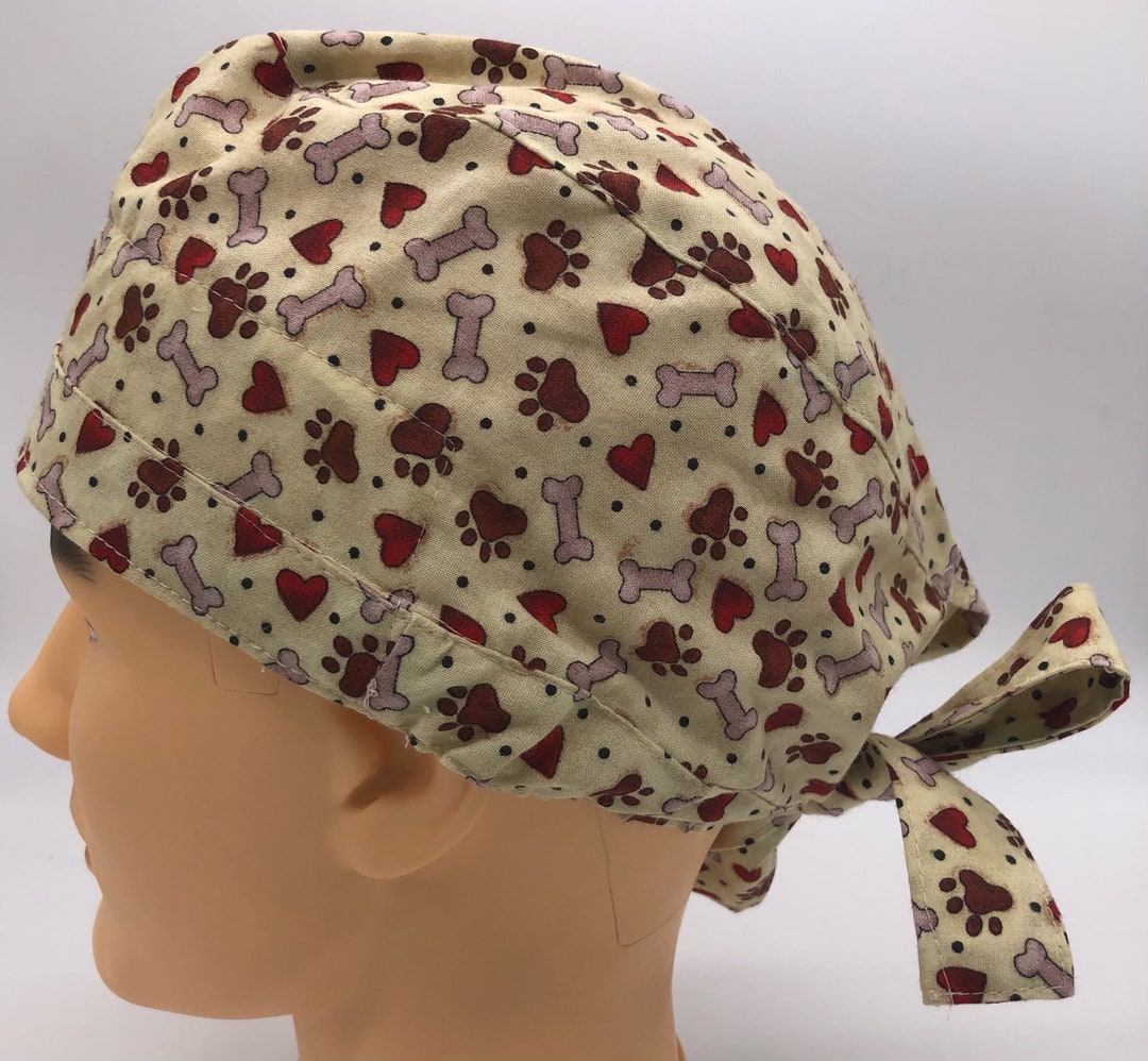 Dog Paw Print and Bone Scrub Cap Tie Back Scrub Cap Unisex Tie Back ...