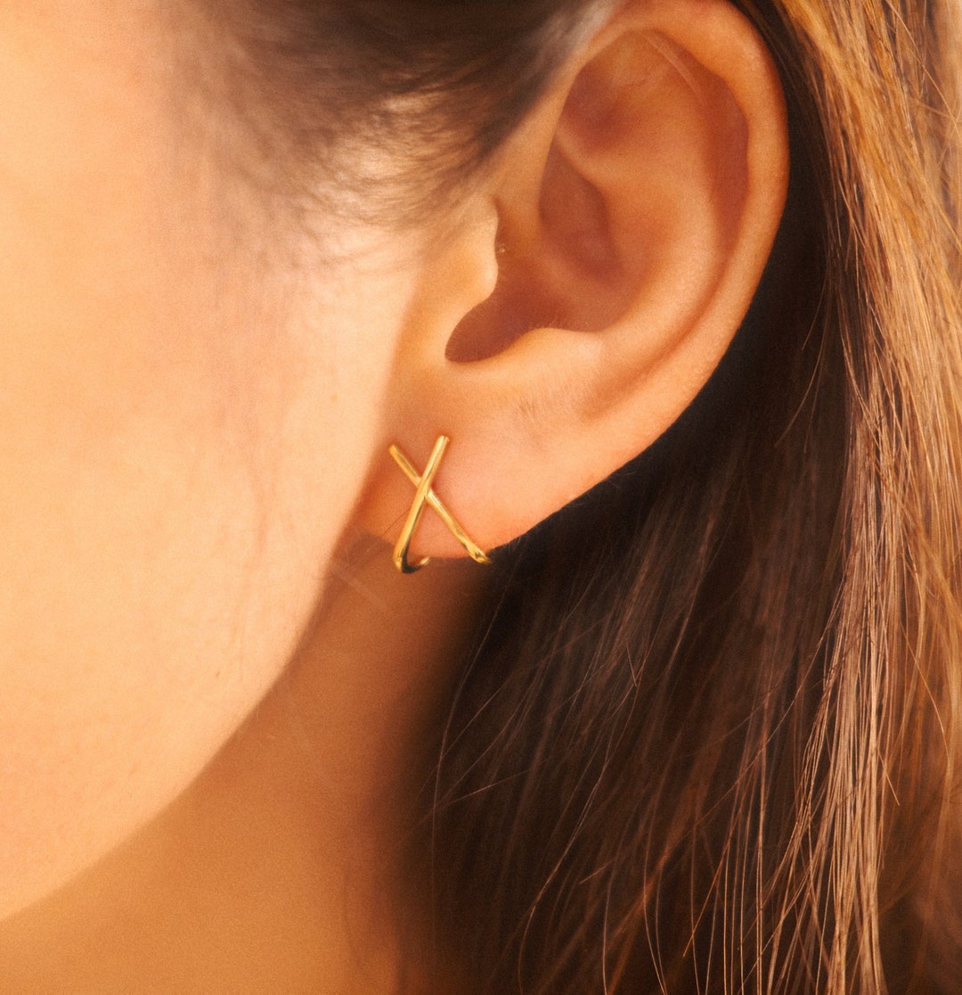Gold Cross Earrings/ Cross Studs/ Line Studs/minimalist Earrings/modern ...