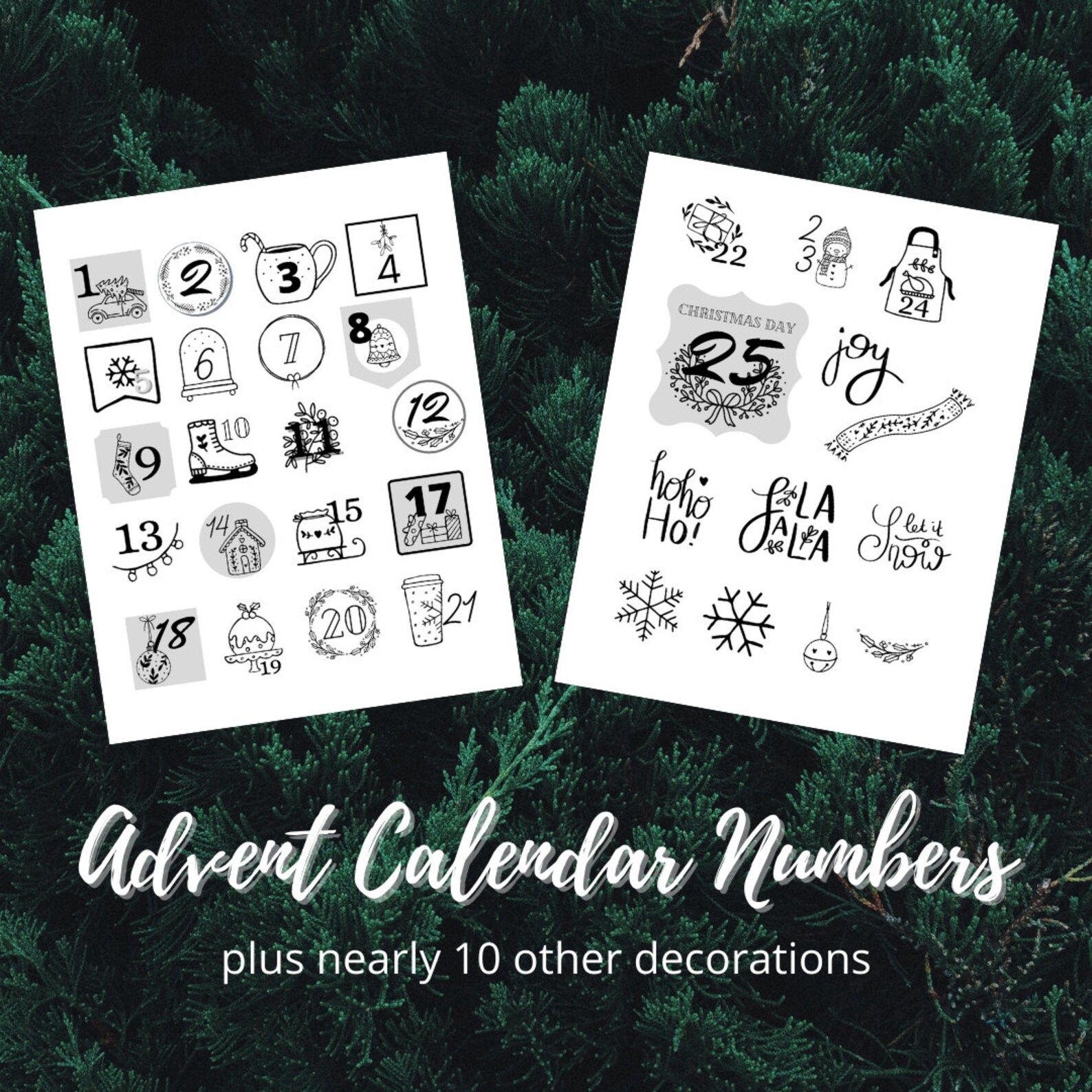 Advent Calendar Numbers Printable PDF Download Black and White | Etsy