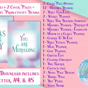 Ultimate 40-page Productivity Bundle, Mermaid Theme, Printable Planner ...