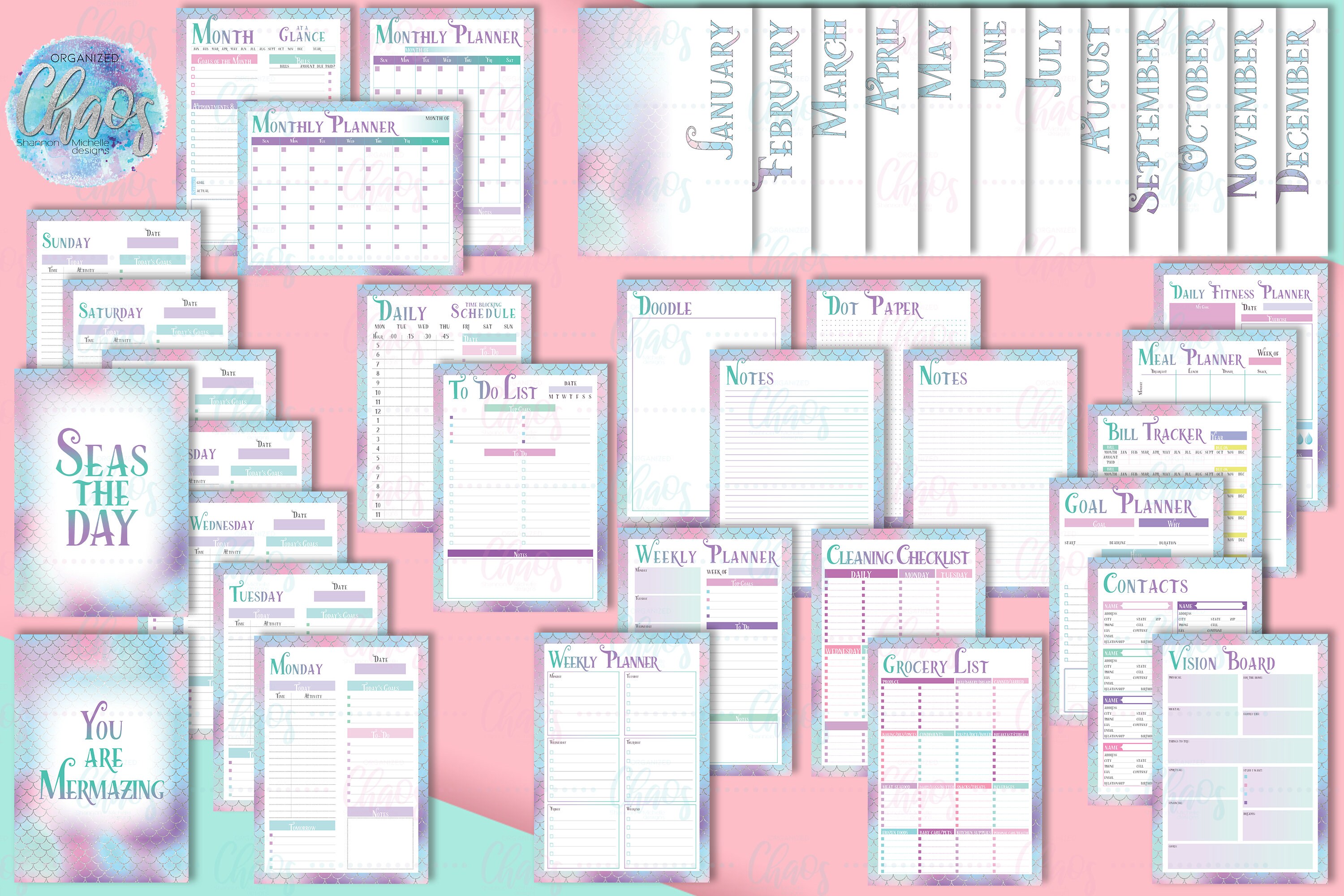 Ultimate 40-page Productivity Bundle, Mermaid Theme, Printable Planner ...