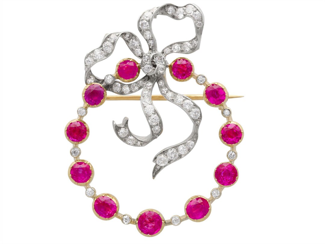 Antique Burma Ruby Brooch: 15k Gold, Diamond Wreath, Circa 1900 - Etsy