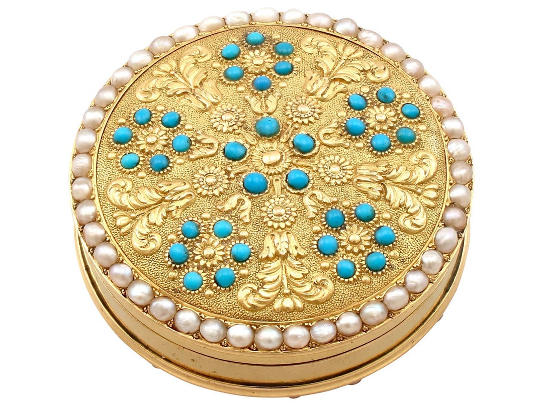 Antique 12k Yellow Gold, Pearl and Turquoise Pill Box - Etsy