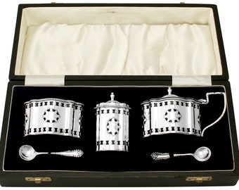 Silver Condiment Set, Enamel, Salt Cellar, Pepper Pot, Salt Spoon ...