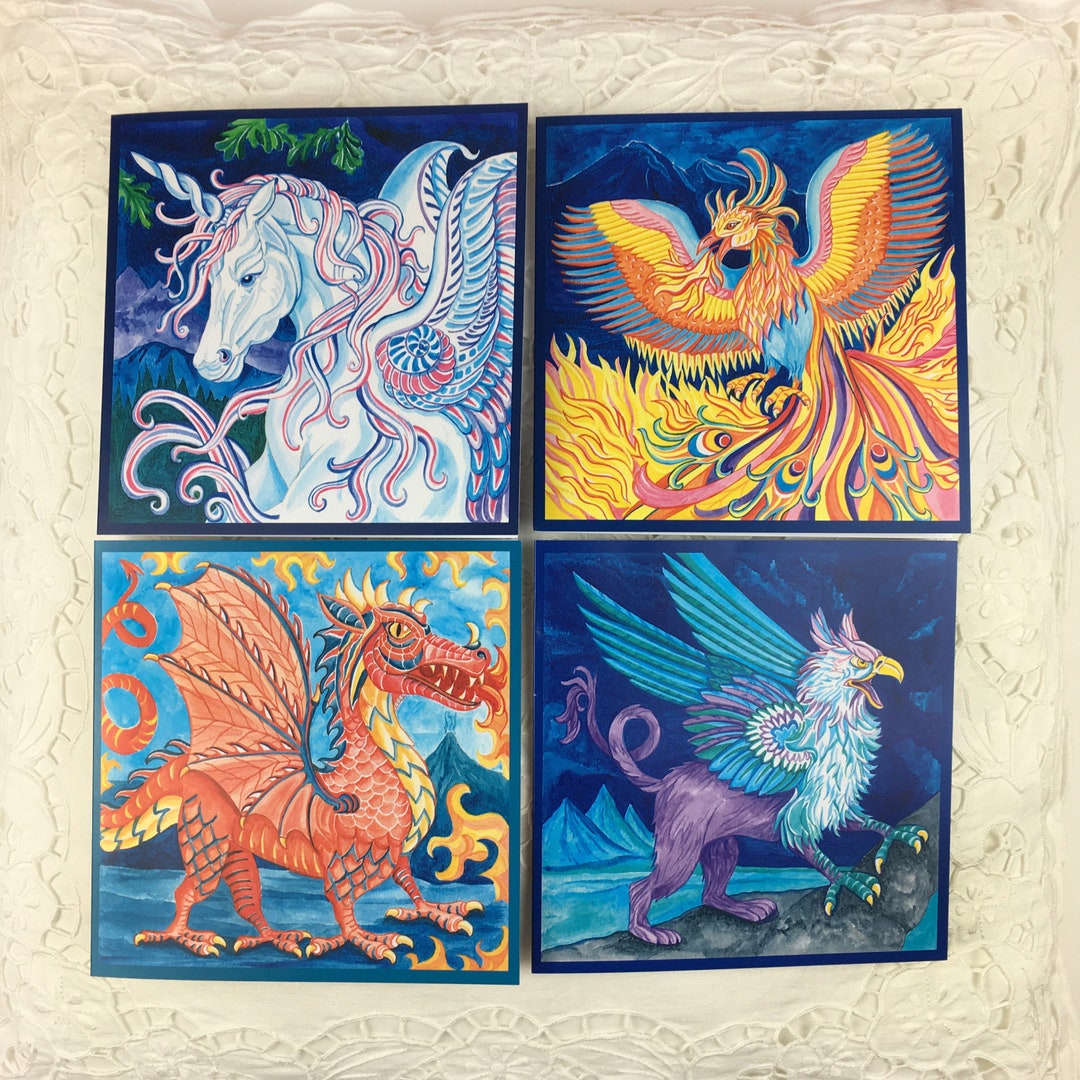 Pack of 4 Square Bright Luxury Greeting Cards - Painted Art - Mythical ...