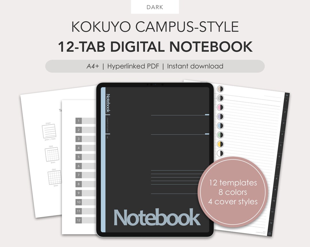 Kokuyo Campus-style 12-tab Digital Notebook | Dark Colors | Hyperlinked ...