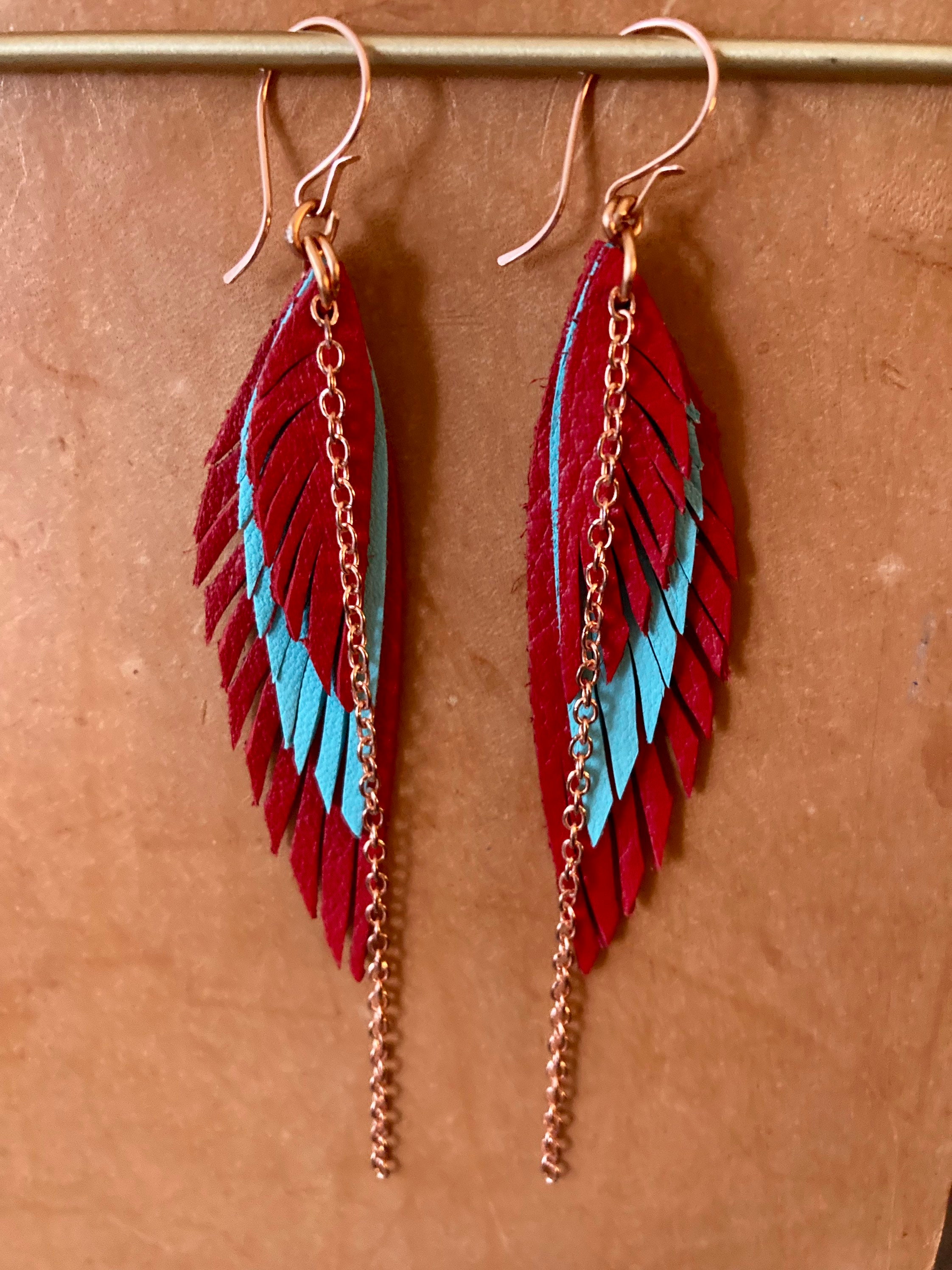 Leather Feather Earings With Pure Copper Rings, Chains & Hoops. Red and ...