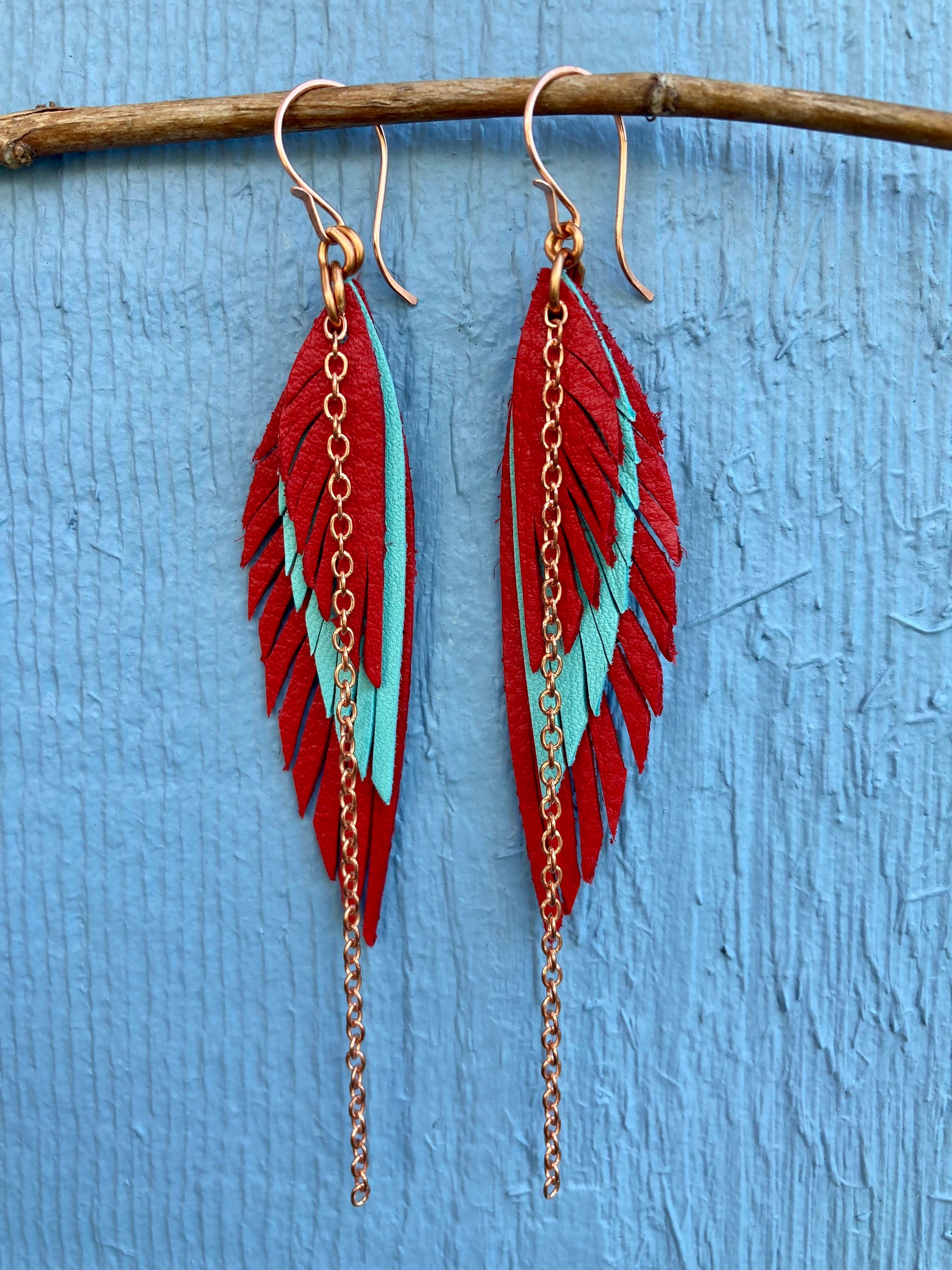 Leather Feather Earings With Pure Copper Rings, Chains & Hoops. Red and ...