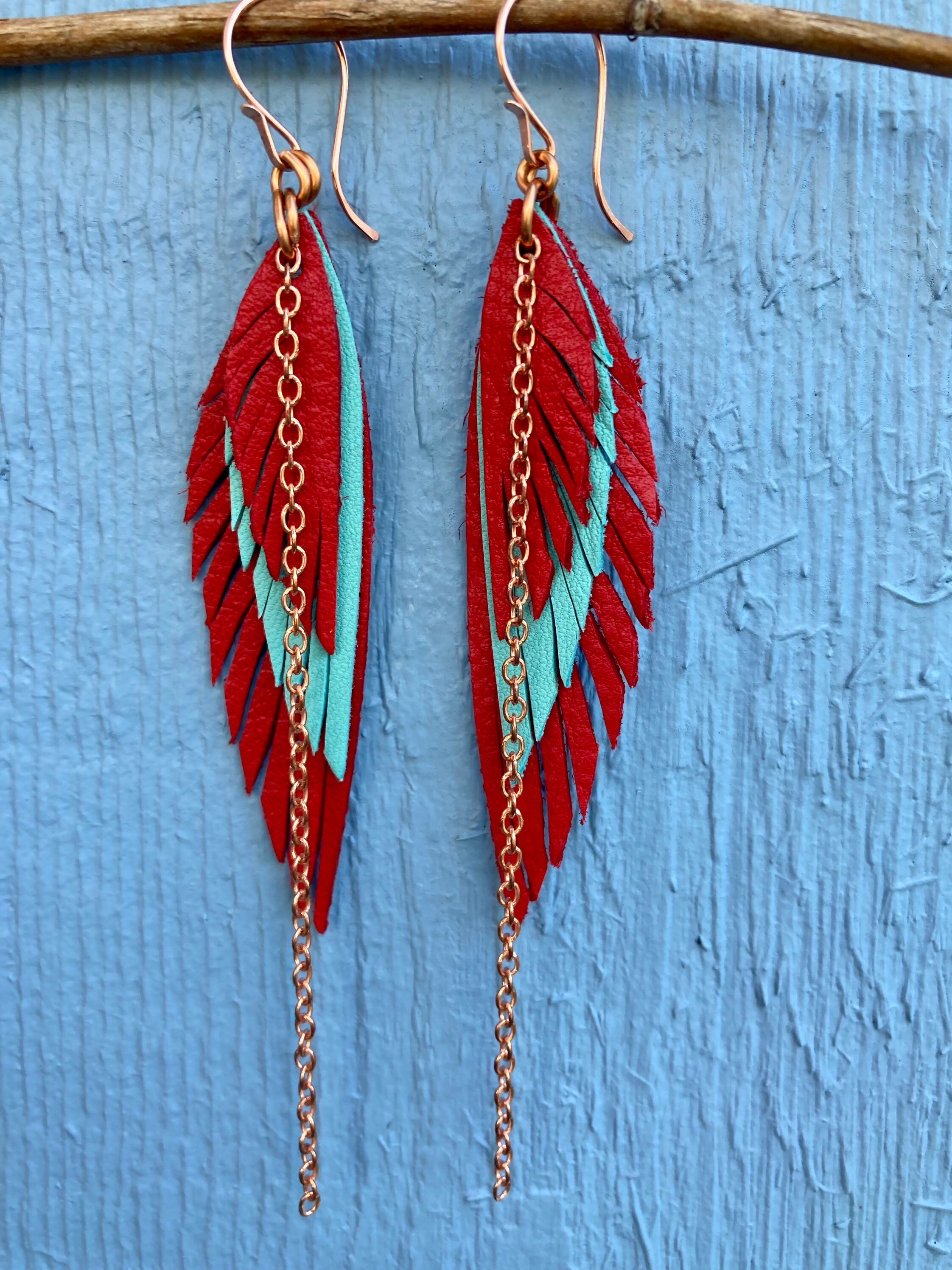 Leather Feather Earings With Pure Copper Rings, Chains & Hoops. Red and ...