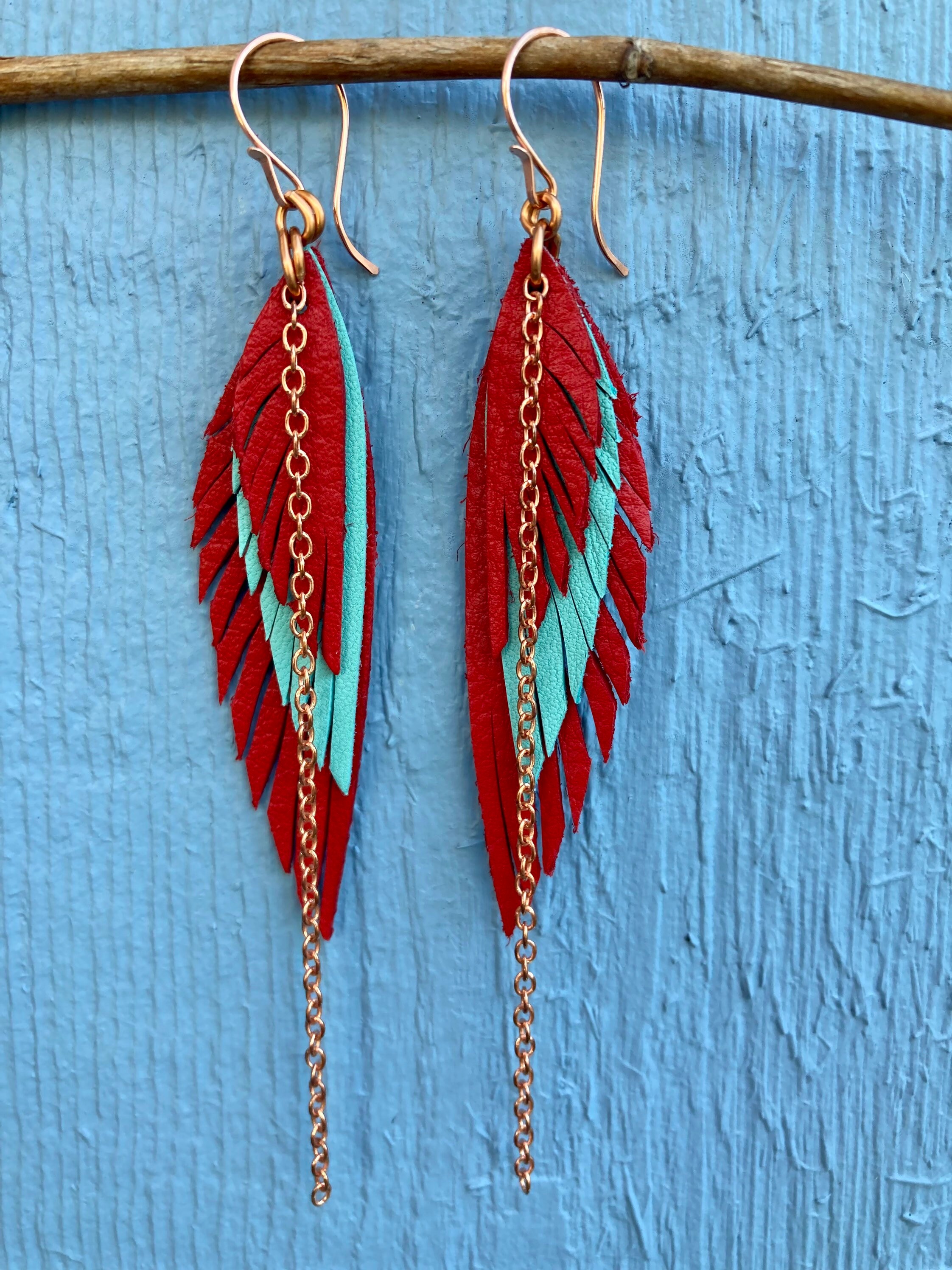 Leather Feather Earings With Pure Copper Rings, Chains & Hoops. Red and ...