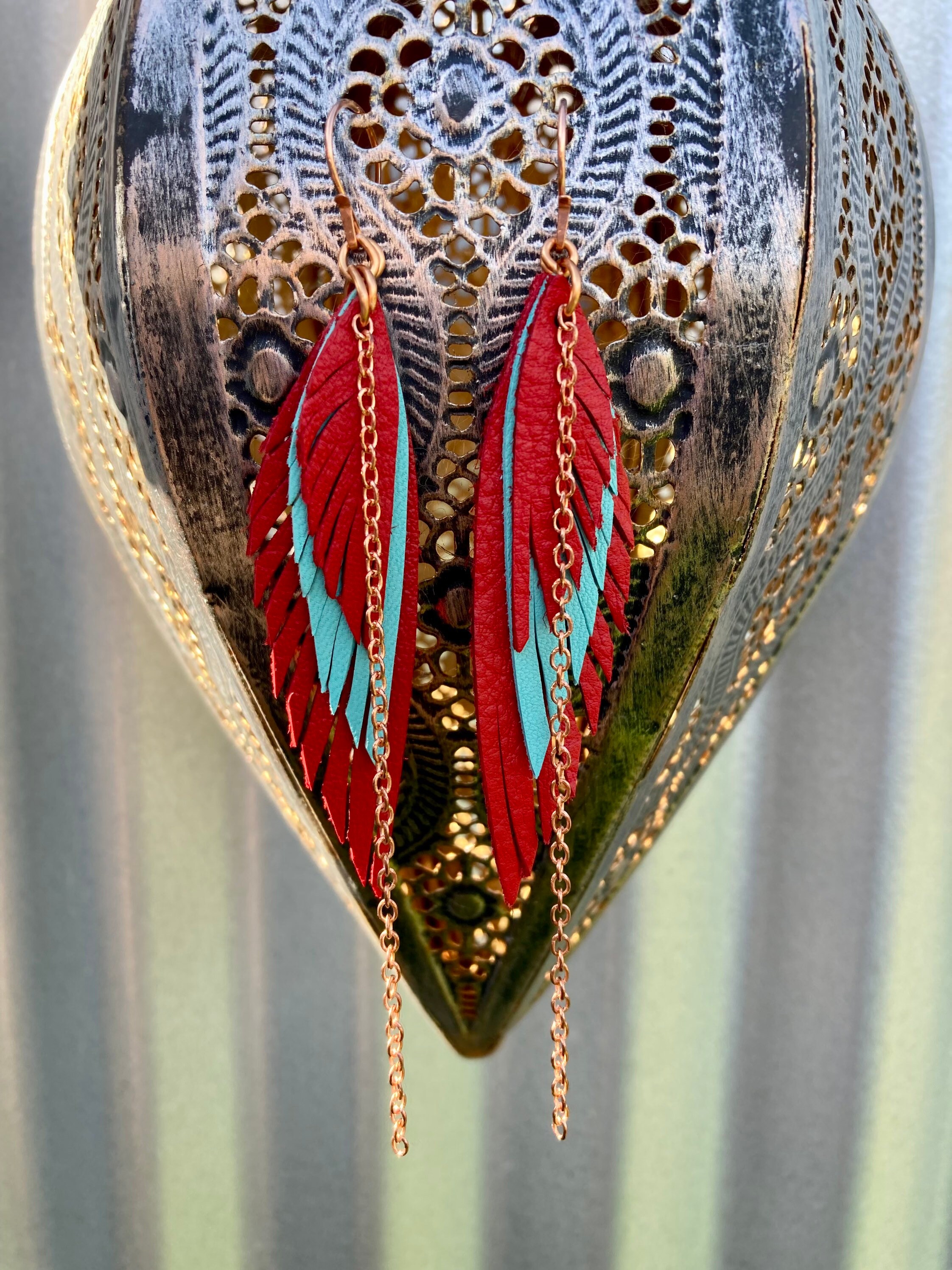 Leather Feather Earings With Pure Copper Rings, Chains & Hoops. Red and ...