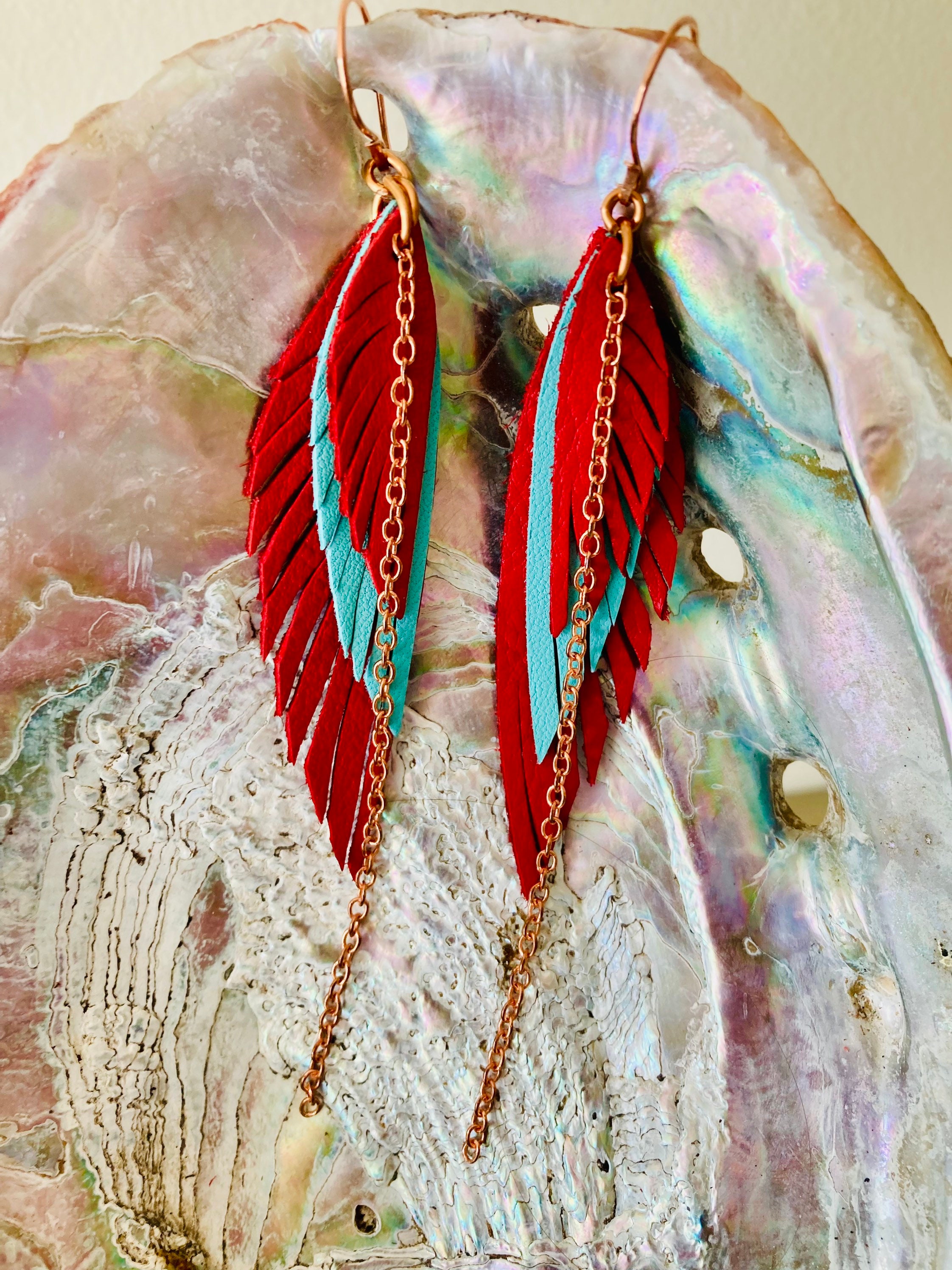Leather Feather Earings With Pure Copper Rings, Chains & Hoops. Red and ...