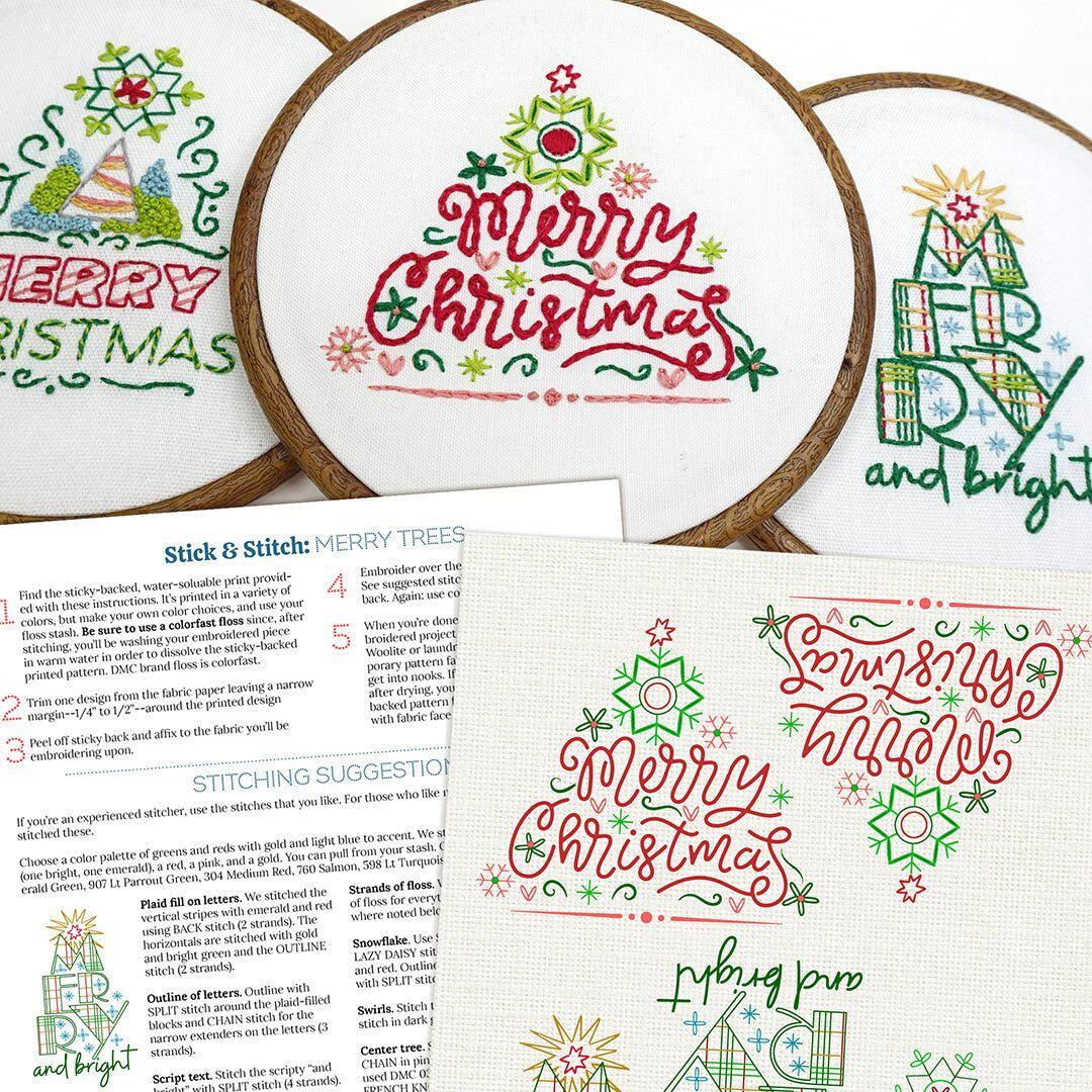 Stick & Stitch Embroidery Pattern, Merry Word Art, Christmas Trees ...