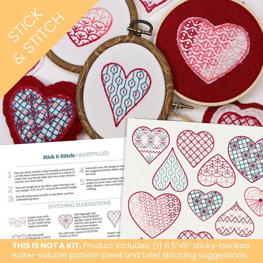 Stick and Stitch Embroidery Pattern, Hearts, Valentine, Love, Stitched ...