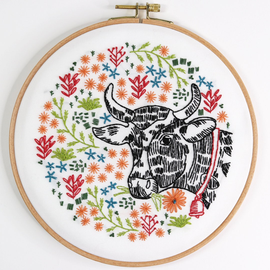 Embroidery Pattern, Farm, Cow, Pre Printed Fabric Panel, Stamped ...