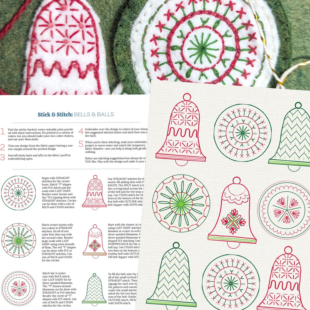 Stick and Stitch Christmas Ornament Embroidery Pattern, Bells, Balls ...