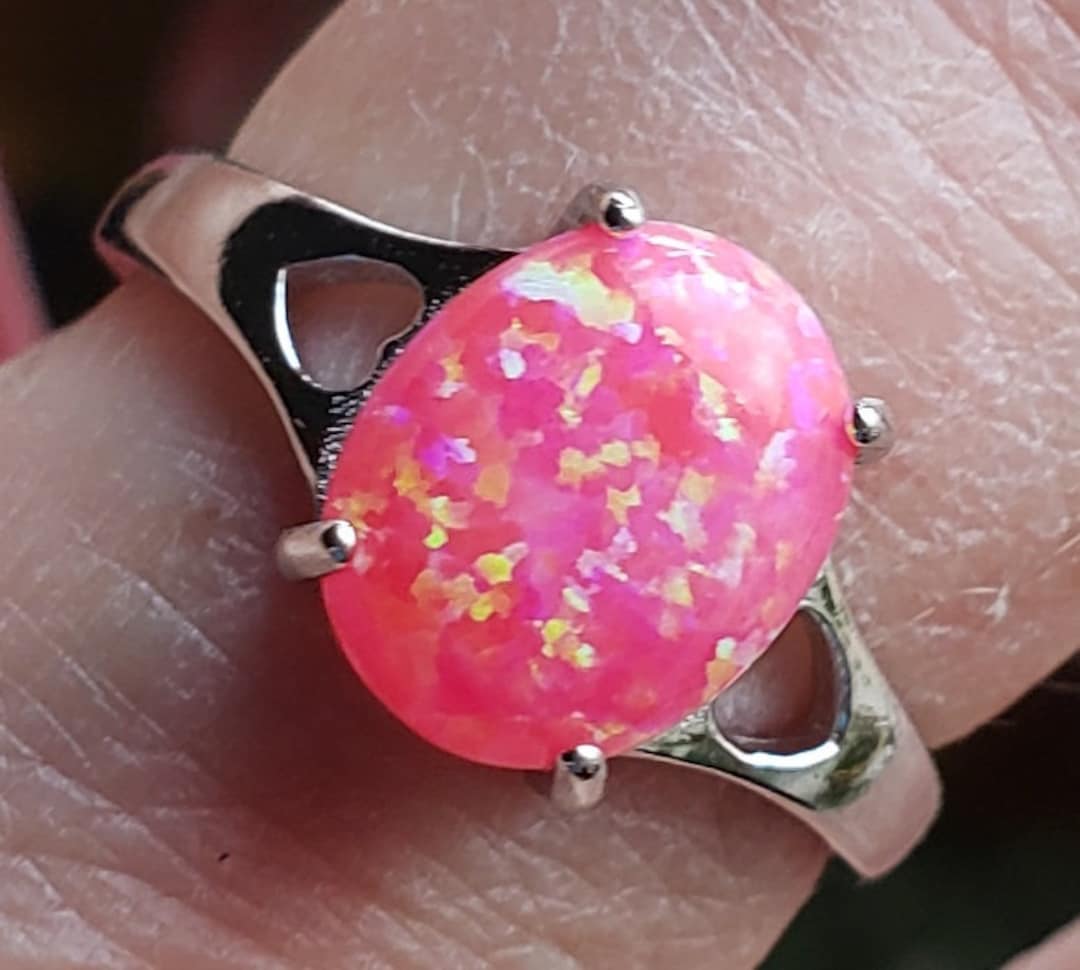 Hot Pink Opal Heart Design Sterling Ring. Fire and Flash With This Lab ...